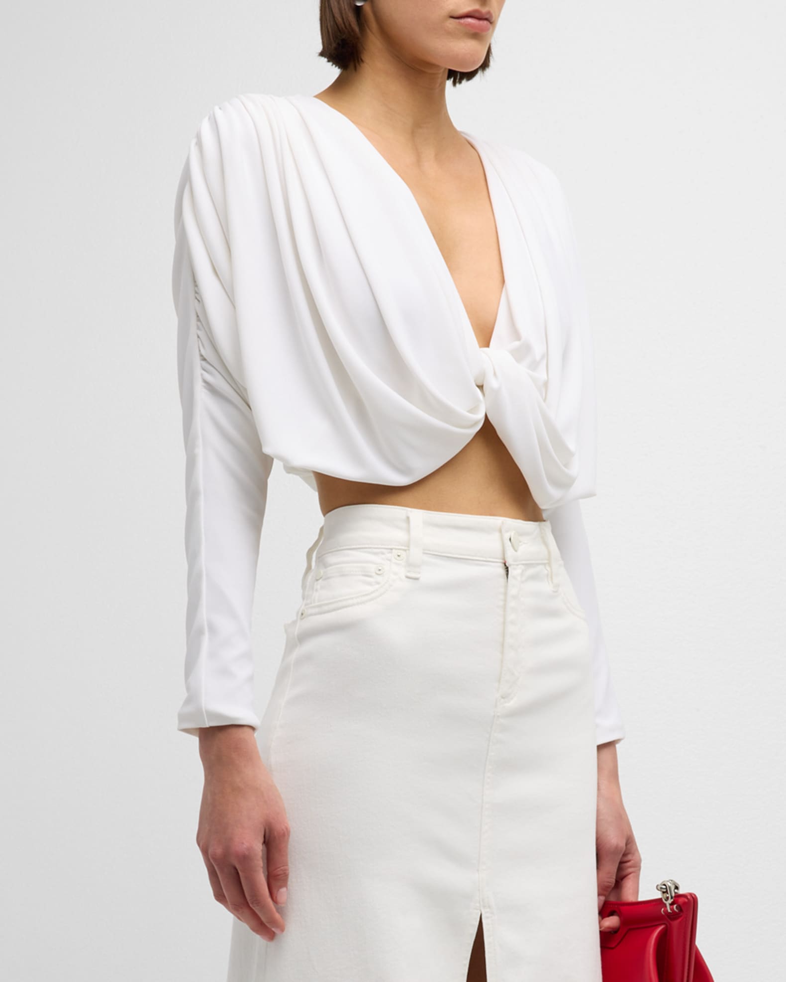 Alice + Olivia Elda Twisted Drape Cropped Top | Neiman Marcus