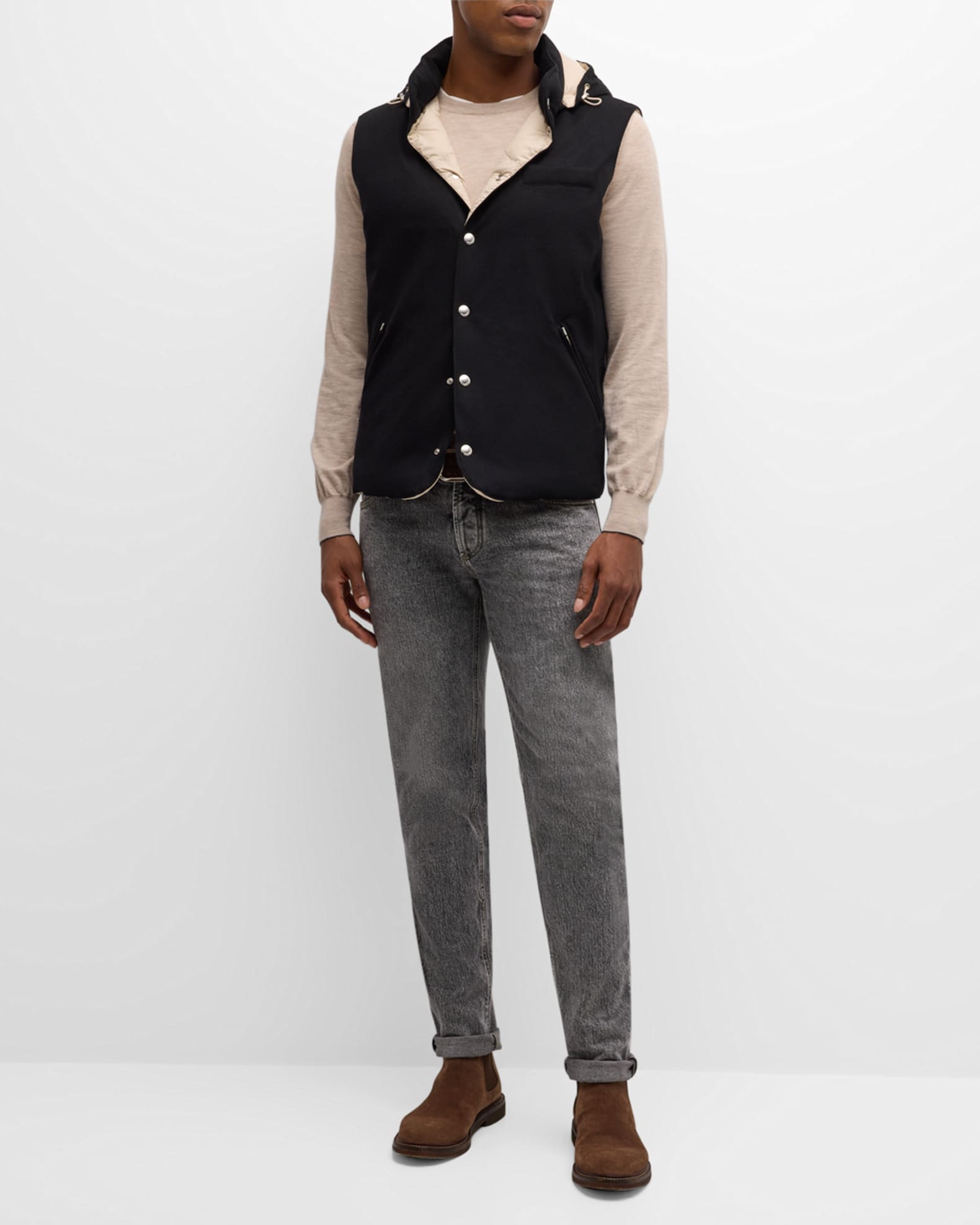 Brunello Cucinelli Men's Beavered Wool Padded Snap Vest | Neiman Marcus