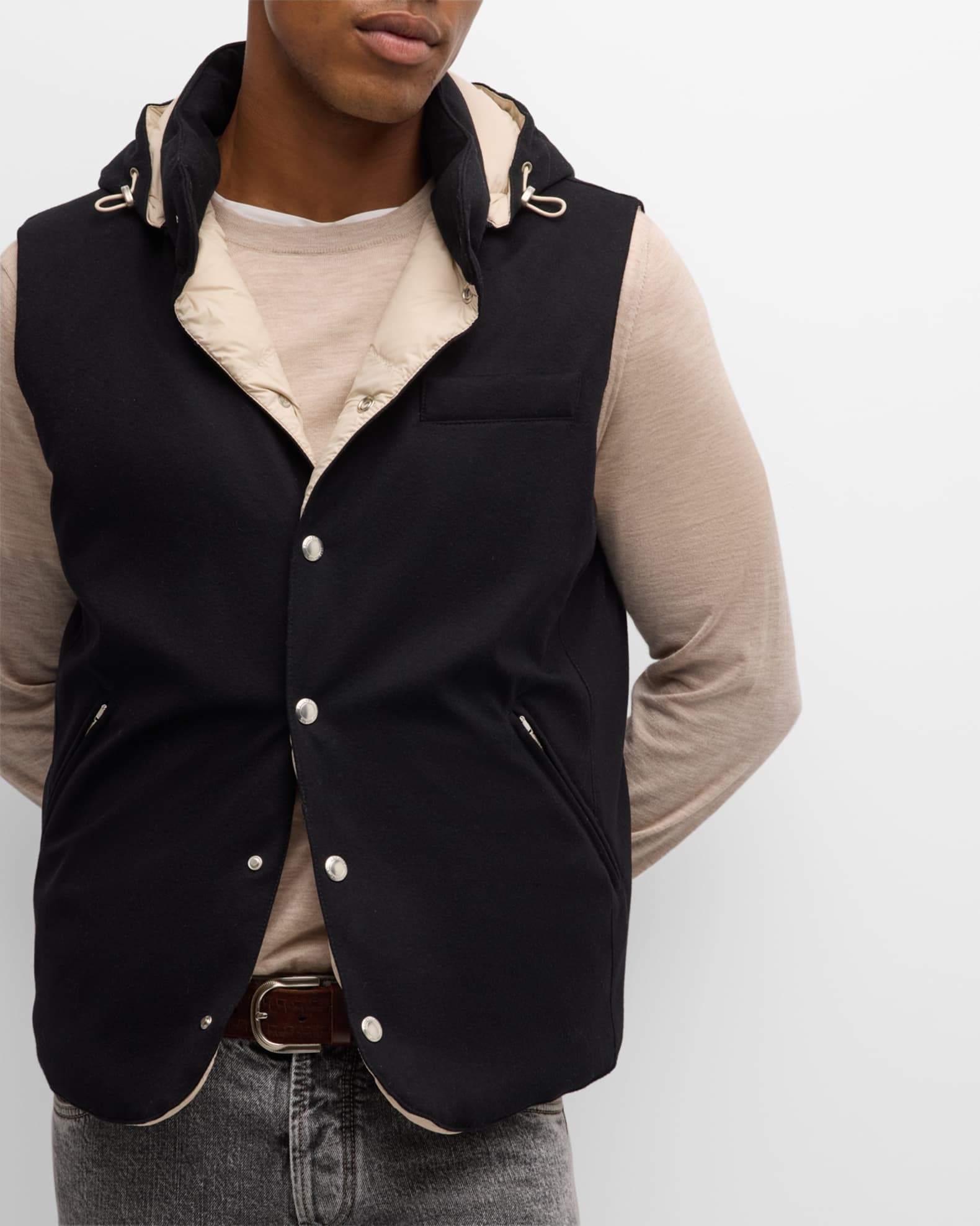 Brunello Cucinelli Men's Beavered Wool Padded Snap Vest | Neiman Marcus