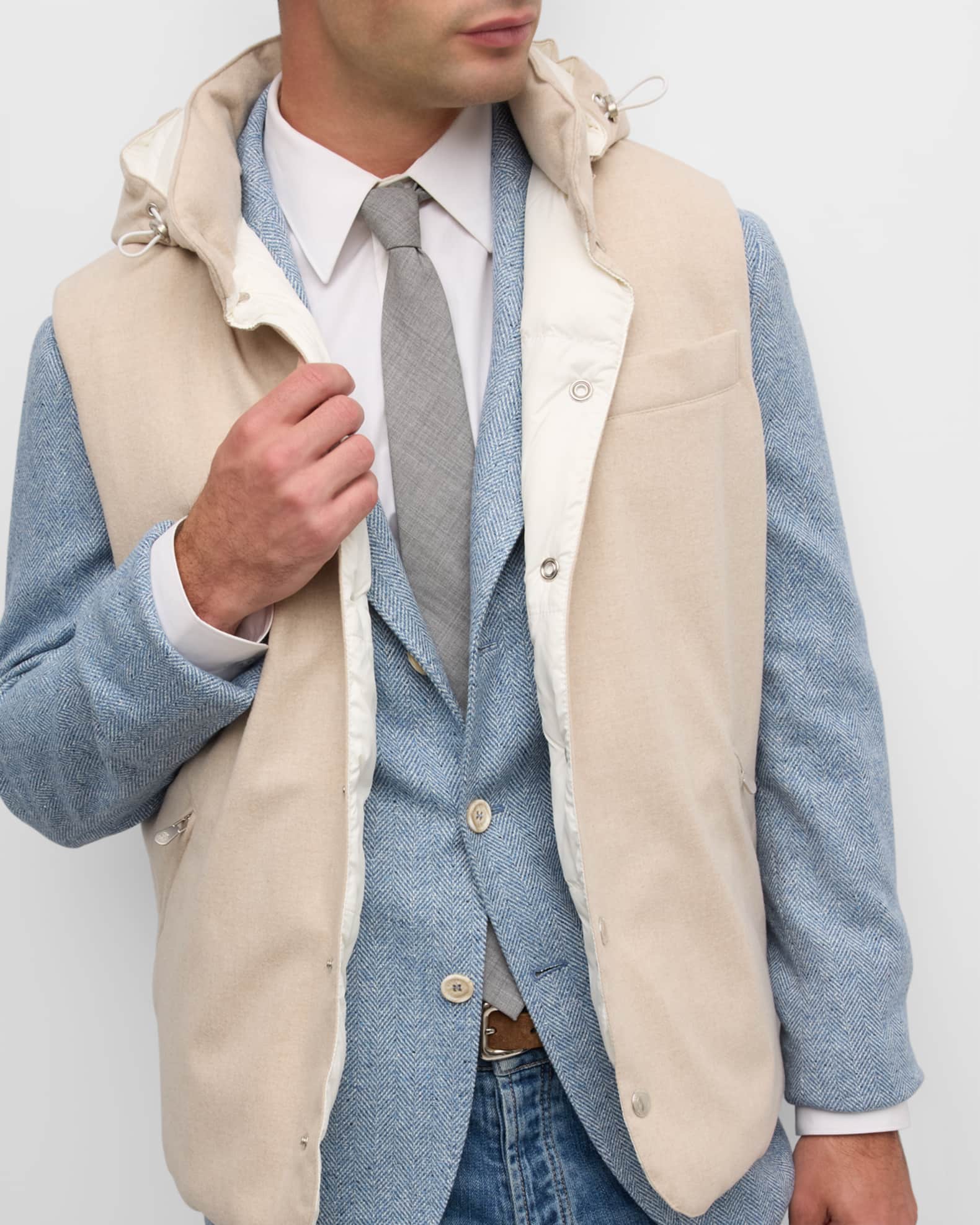 Brunello Cucinelli Men's Beavered Wool Padded Snap Vest | Neiman Marcus
