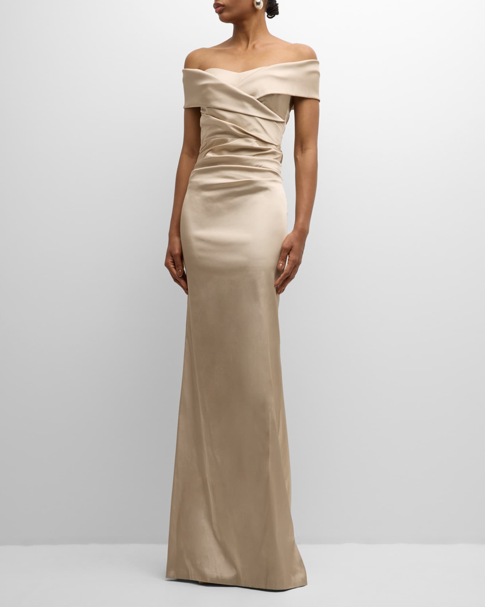 Rickie Freeman for Teri Jon Pleated Off-Shoulder Satin Column Gown ...