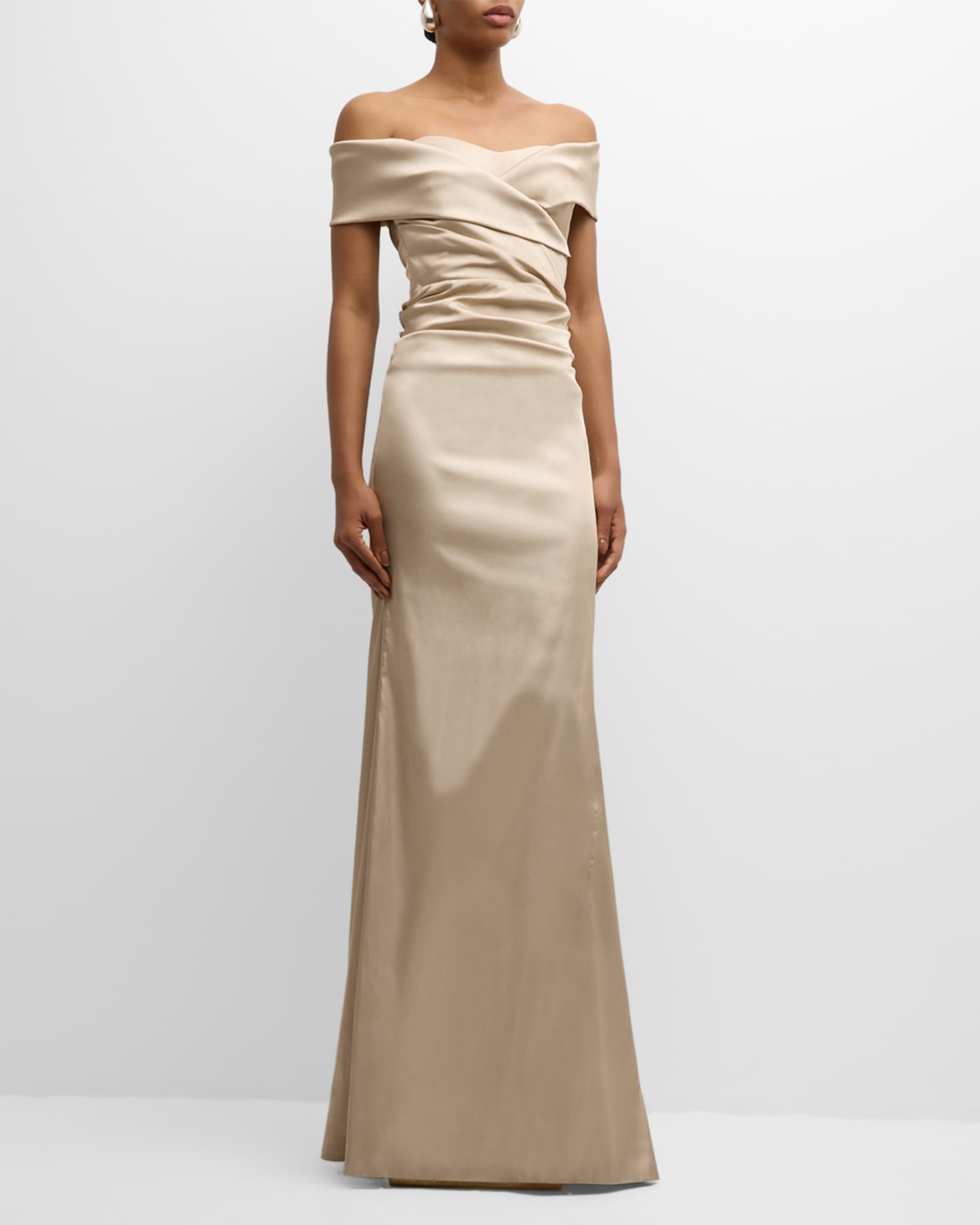 Rickie Freeman for Teri Jon Pleated Off-Shoulder Satin Column Gown ...