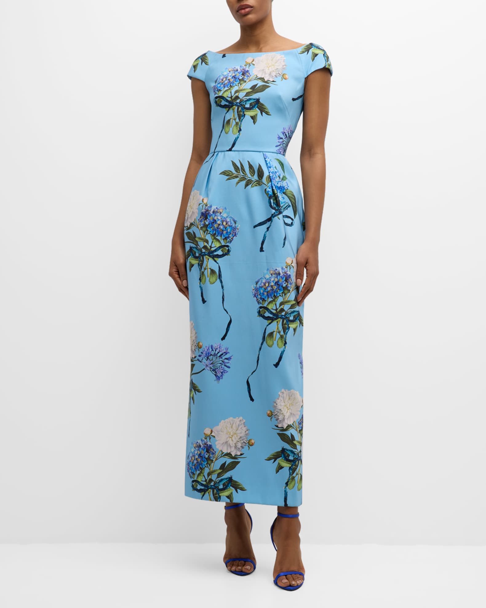 Monique Lhuillier Hydrangea-Print Cap-Sleeve Faille Column Gown ...