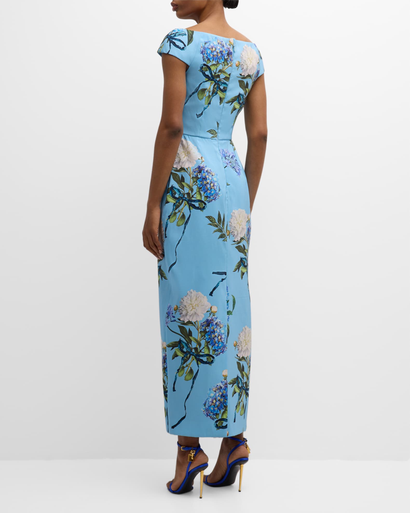 Monique Lhuillier Hydrangea-Print Cap-Sleeve Faille Column Gown ...