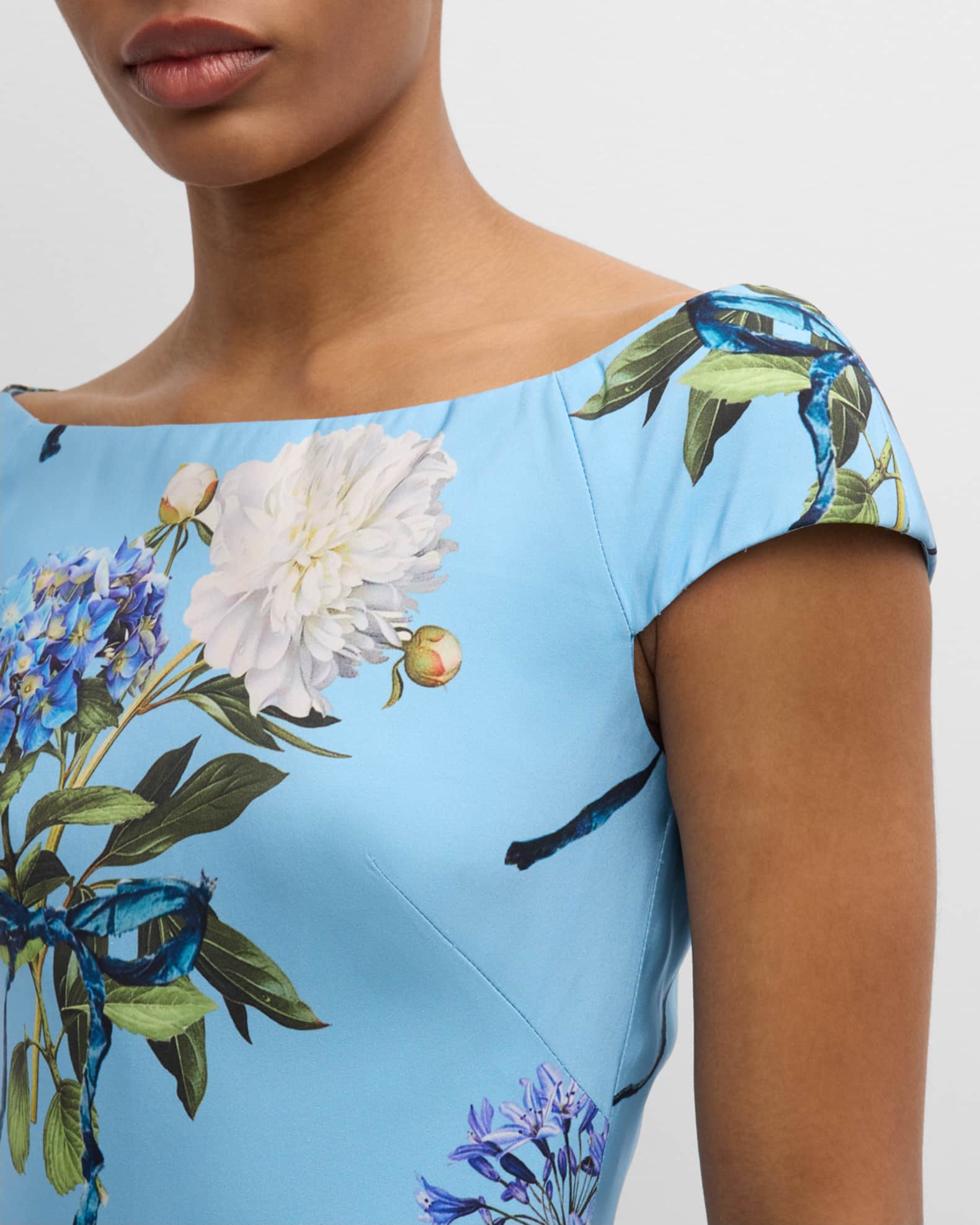 Monique Lhuillier Hydrangea-Print Cap-Sleeve Faille Column Gown ...