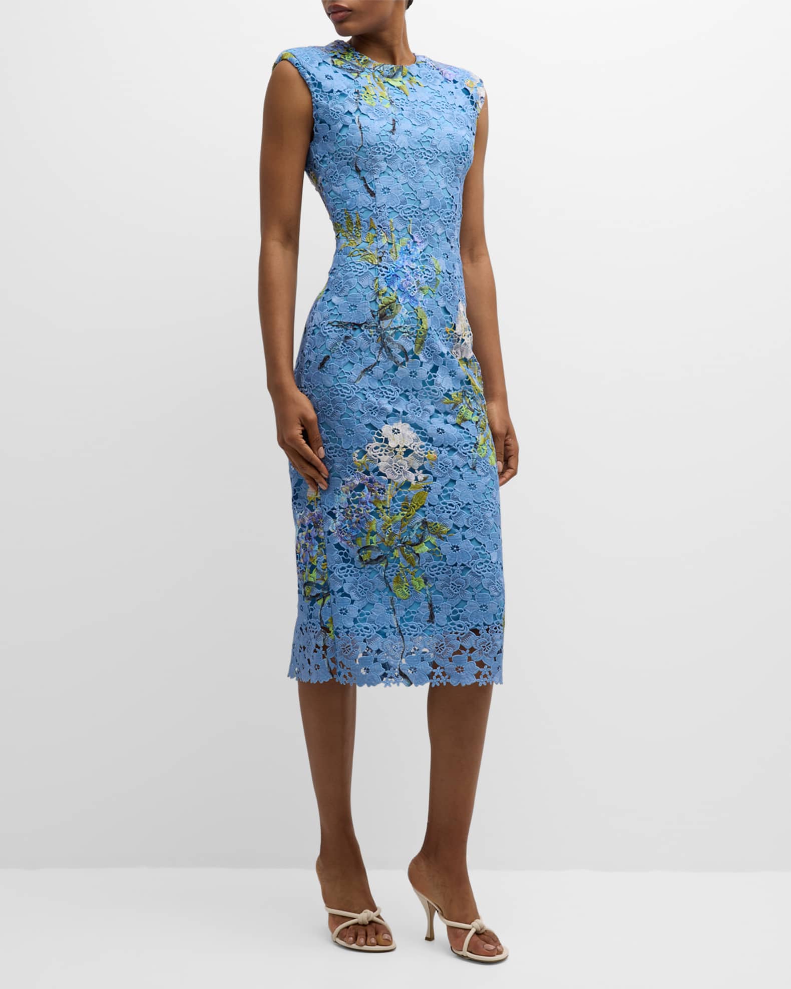 Monique Lhuillier Hydrangea-Print Guipure Lace Sheath Dress | Neiman Marcus