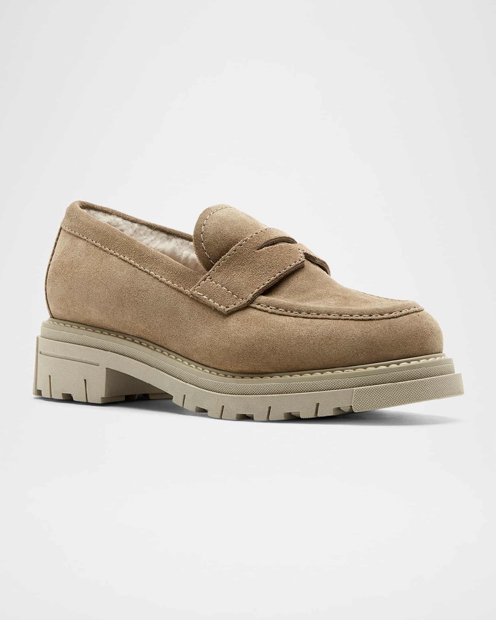 La Canadienne Devin Suede Shearling Penny Loafers | Neiman Marcus