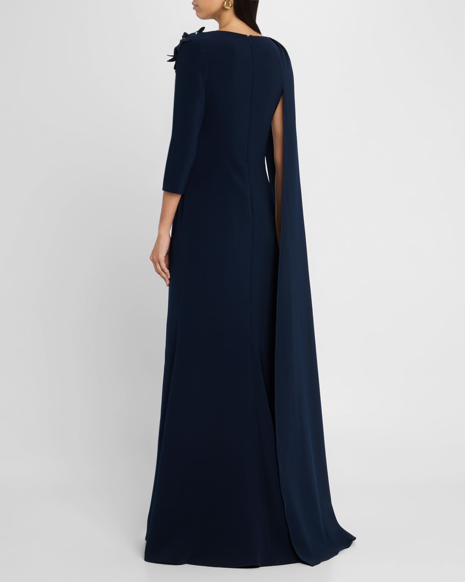 Rickie Freeman for Teri Jon Cape-Sleeve Floral Applique Trumpet Gown ...