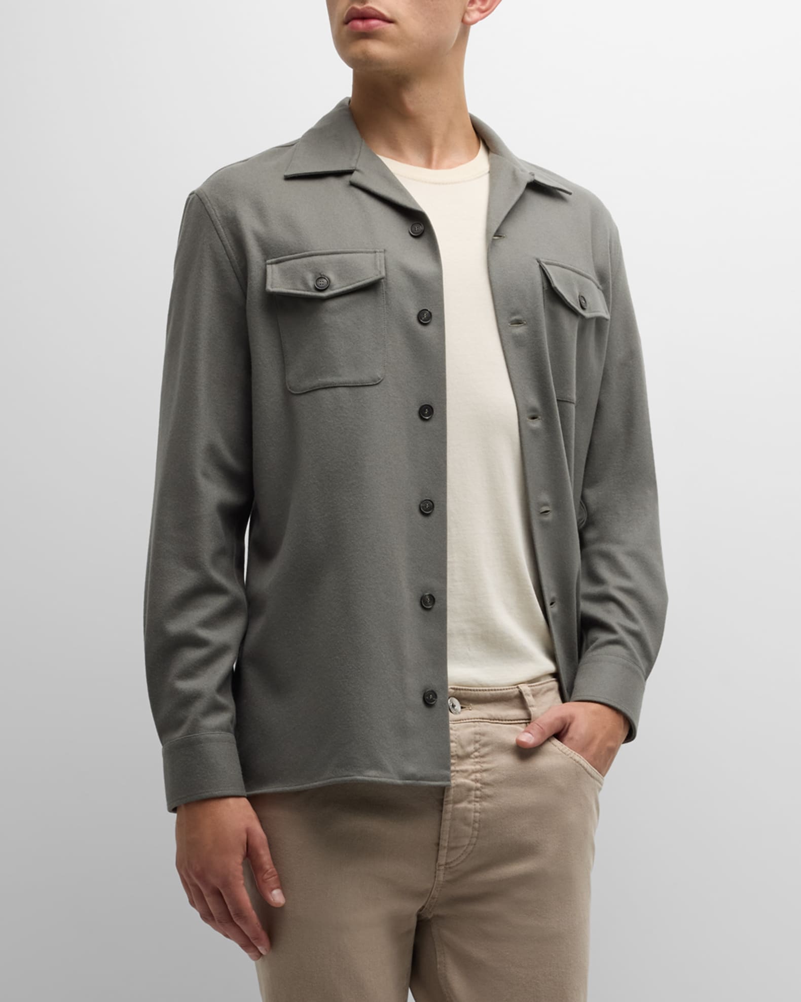 Brunello Cucinelli Men's Wool Flannel Cabana-Collar Overshirt | Neiman ...