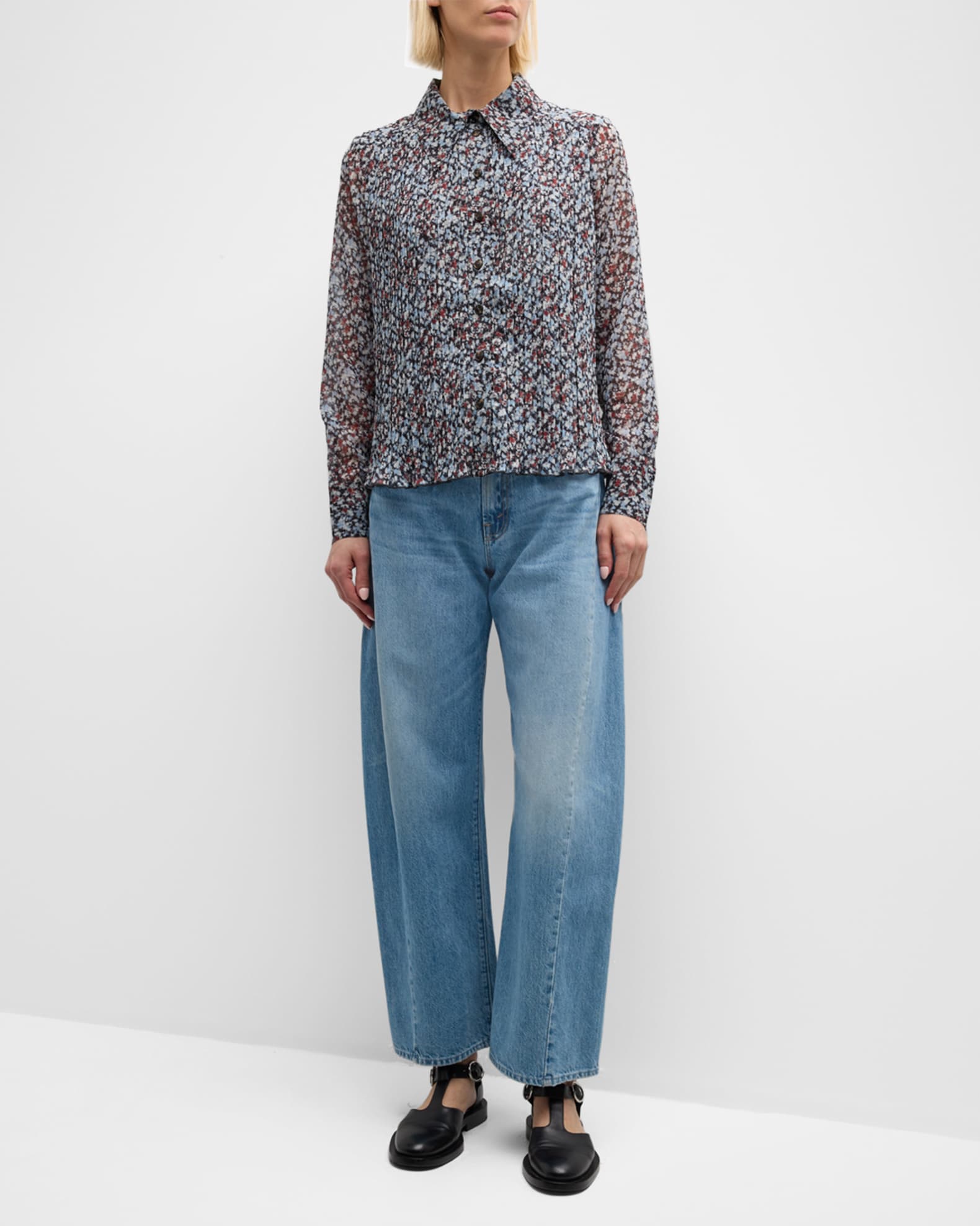 Ganni Floral Pleated Georgette Shirt | Neiman Marcus