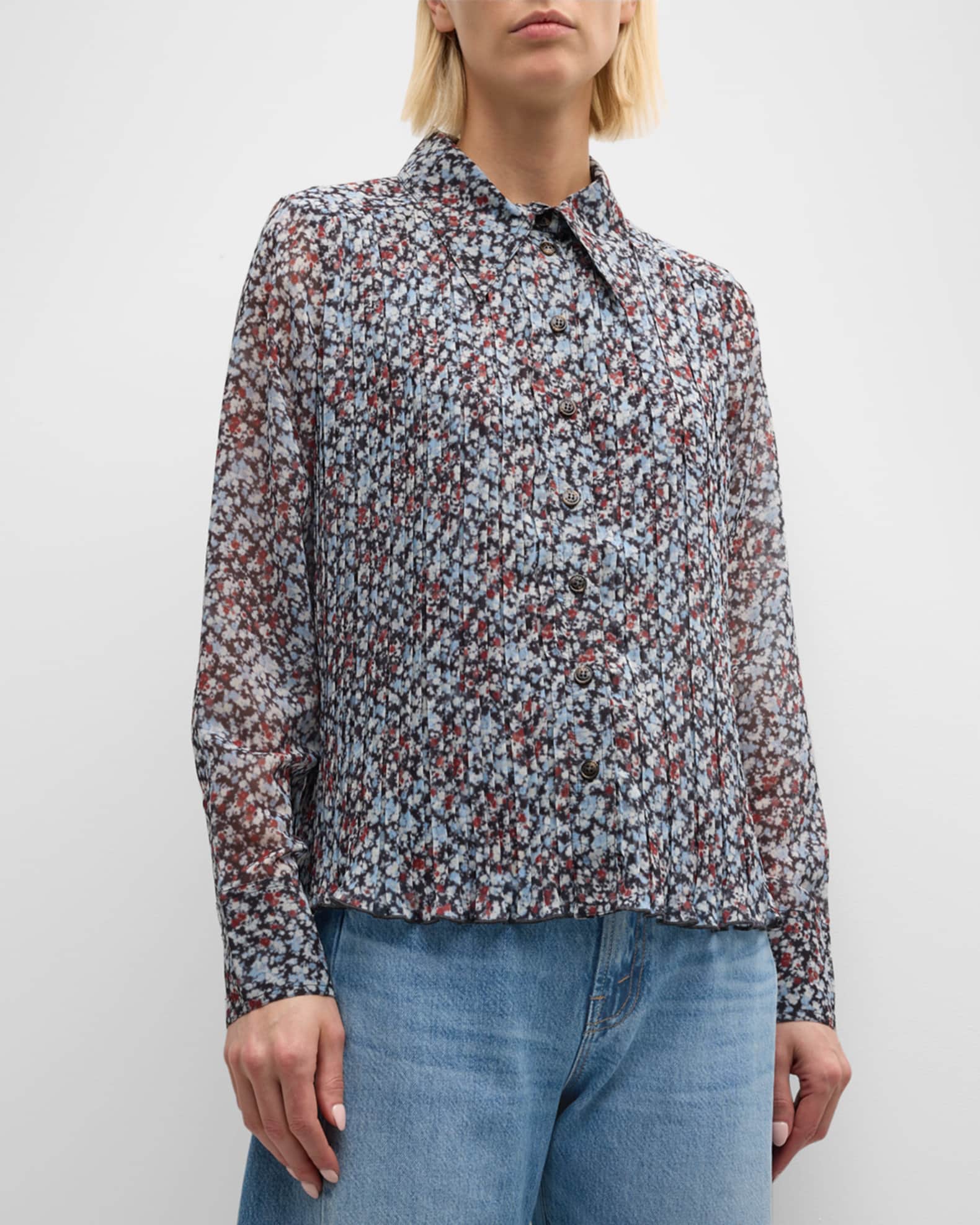 Ganni Floral Pleated Georgette Shirt | Neiman Marcus