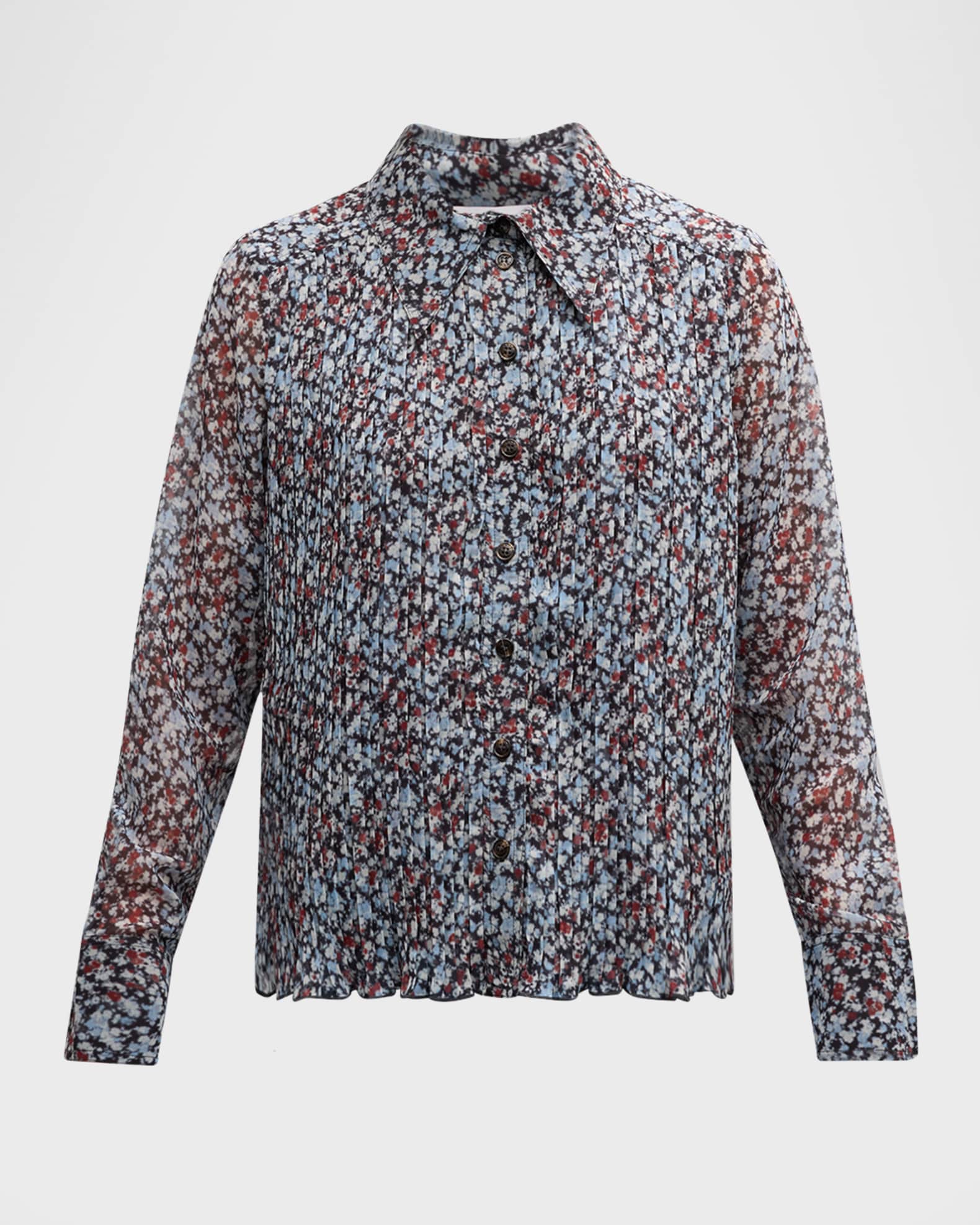 Ganni Floral Pleated Georgette Shirt | Neiman Marcus