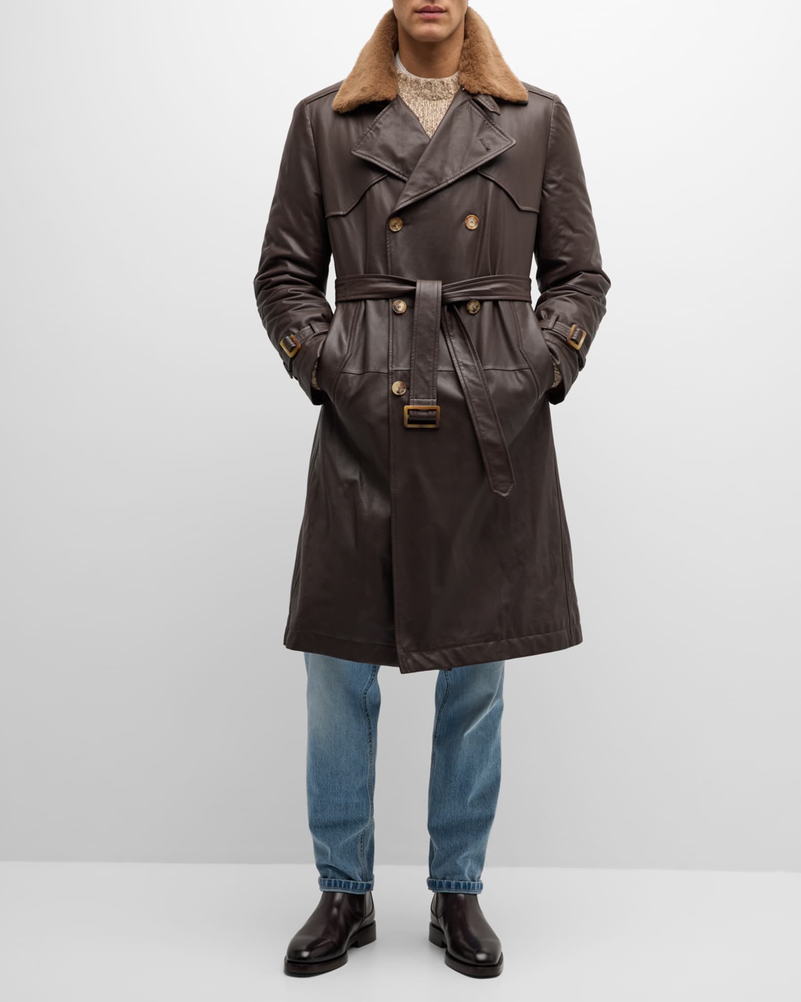 Brunello Cucinelli Men's Leather Shearling-Collar Trench Coat | Neiman Marcus