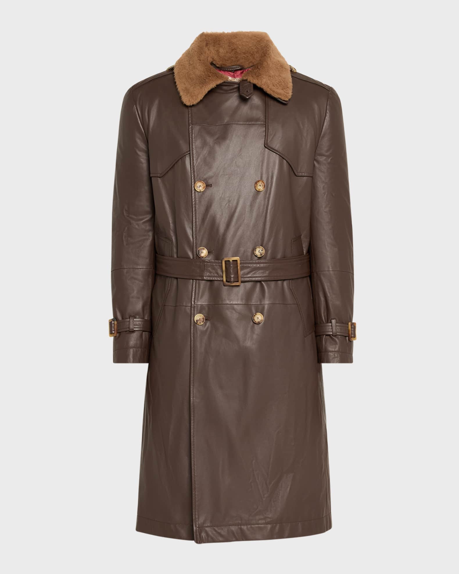 Brunello Cucinelli Men's Leather Shearling-Collar Trench Coat | Neiman Marcus