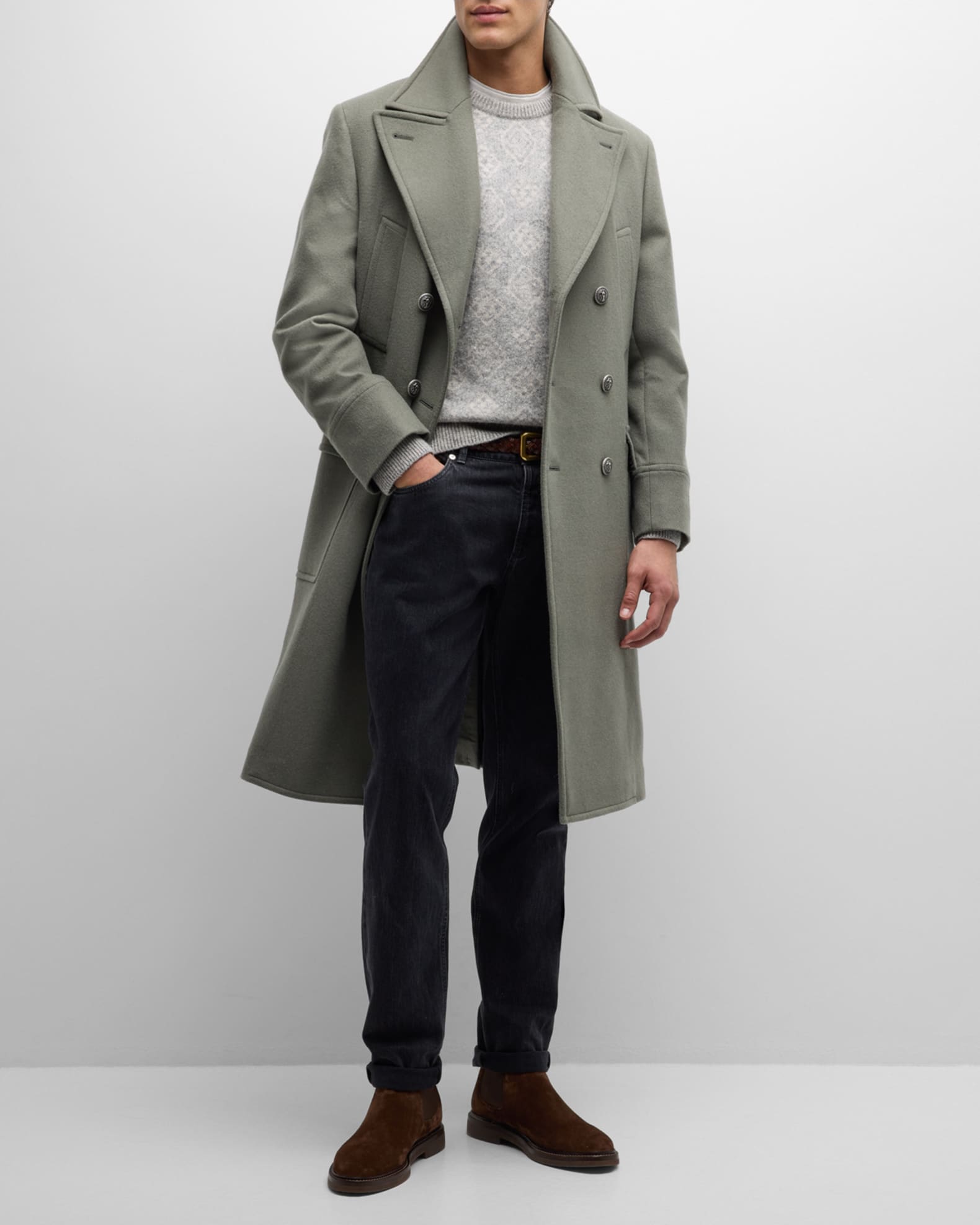 Brunello Cucinelli Men's Wool Double-Breasted Overcoat | Neiman Marcus