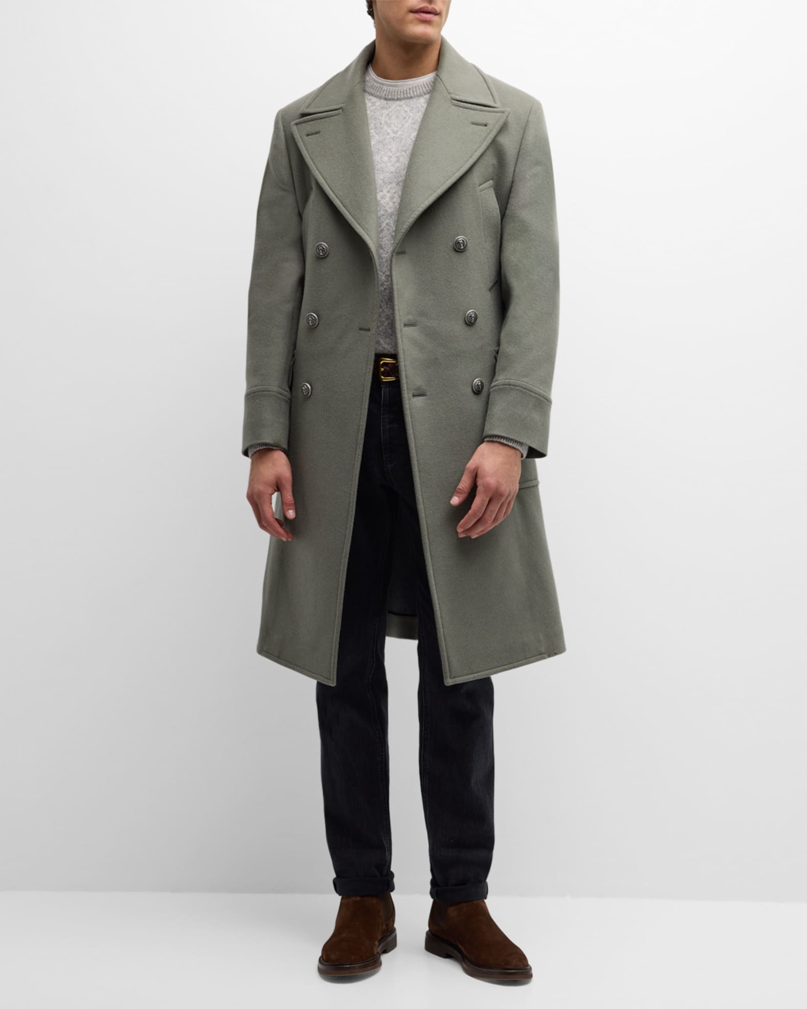 Brunello Cucinelli Men's Wool Double-Breasted Overcoat | Neiman Marcus