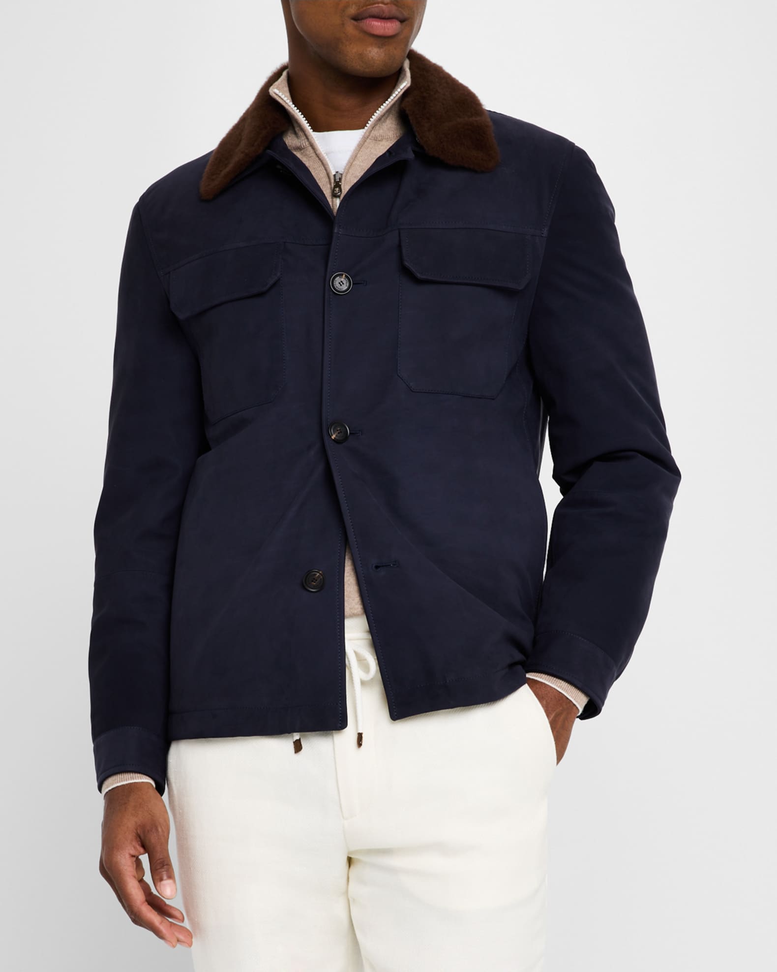 Brunello Cucinelli Men's Suede Overshirt with Removable Shearling ...