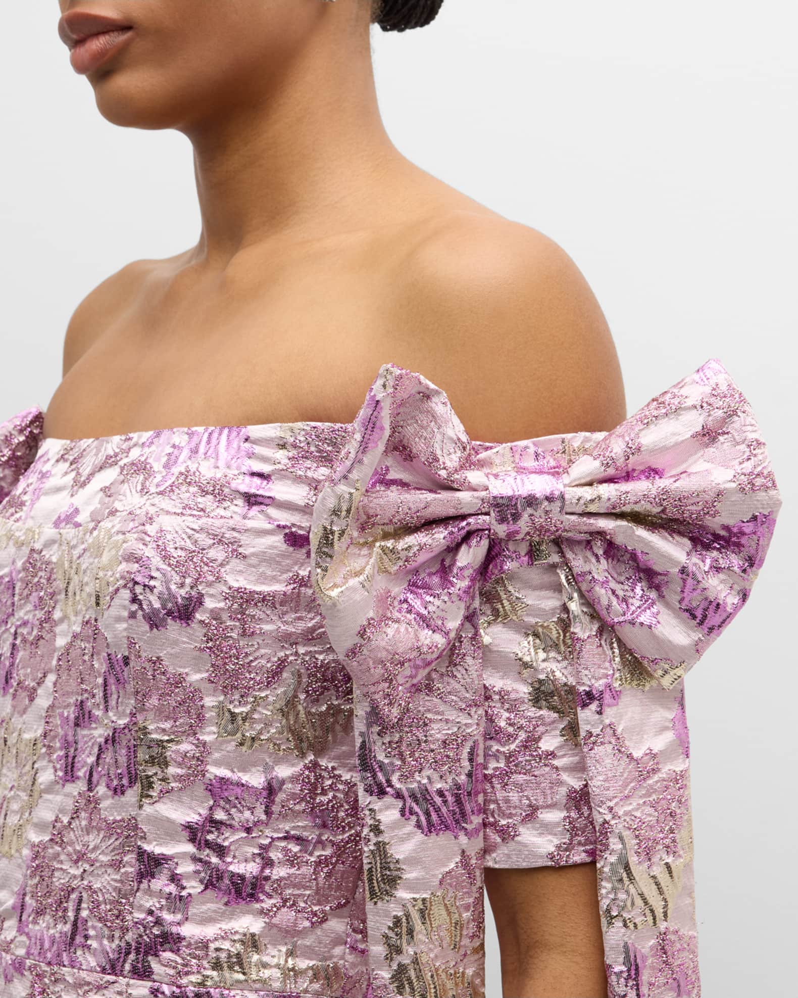 Black Halo Paisley Off-Shoulder Floral Jacquard Bow Gown | Neiman Marcus