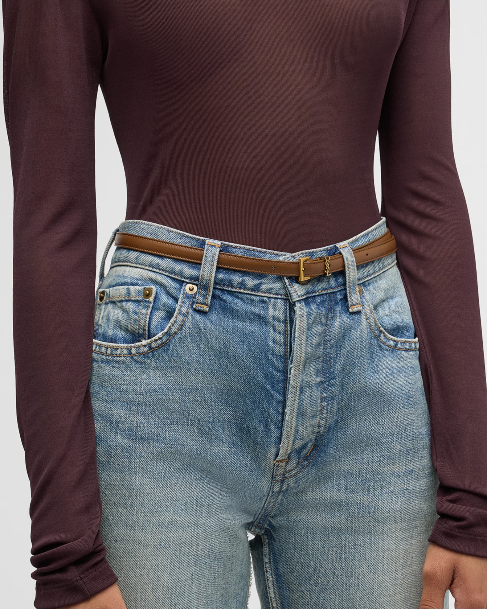 Saint Laurent Cassandre YSL Leather Skinny Belt | Neiman Marcus