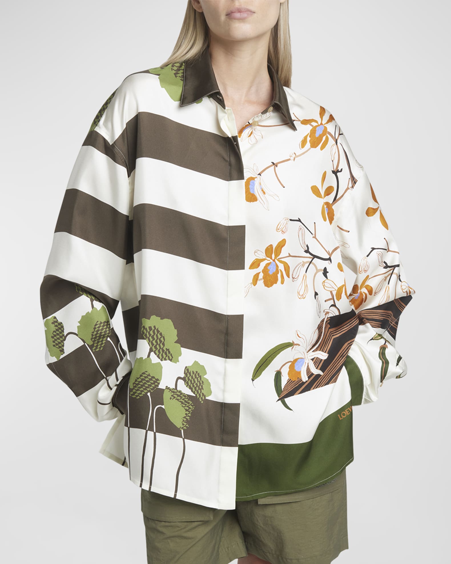 Loewe x Paula Ibiza Mixed-Print Button Down Blouse | Neiman Marcus