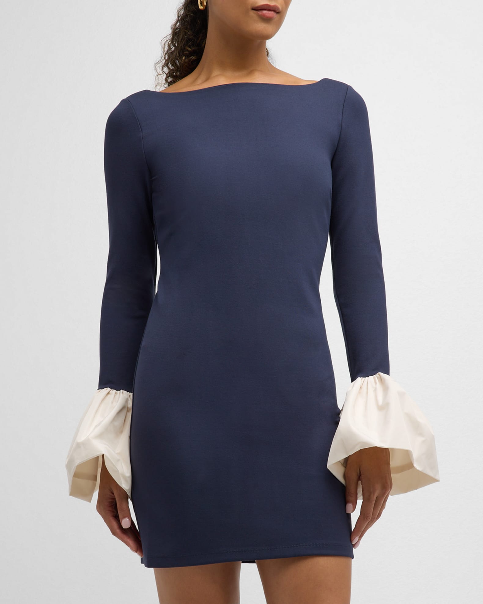 STAUD Hawthorne Peplum-Cuff Boat-Neck Mini Cocktail Dress | Neiman Marcus