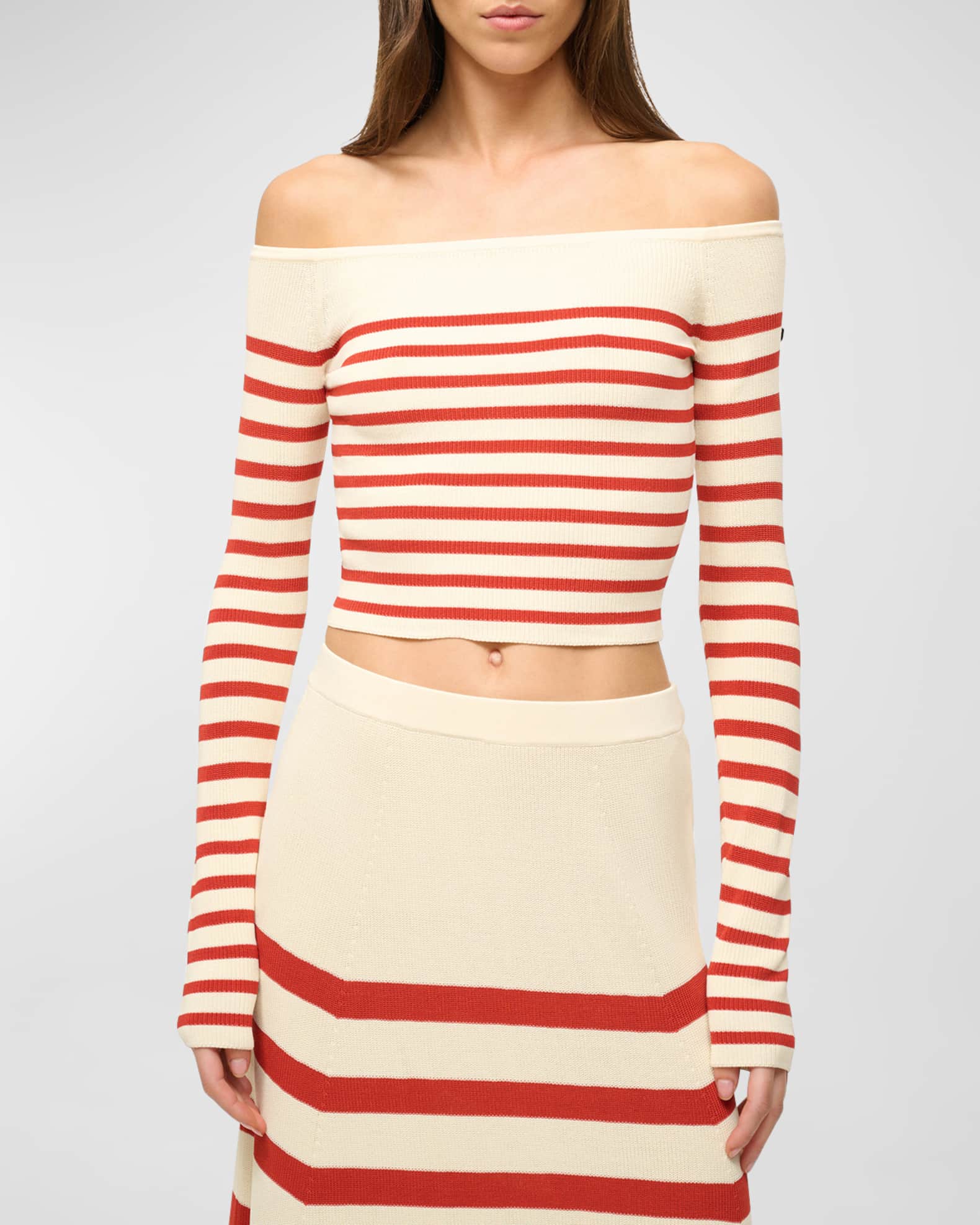 STAUD Float Off-Shoulder Stripe Knit Crop Top | Neiman Marcus