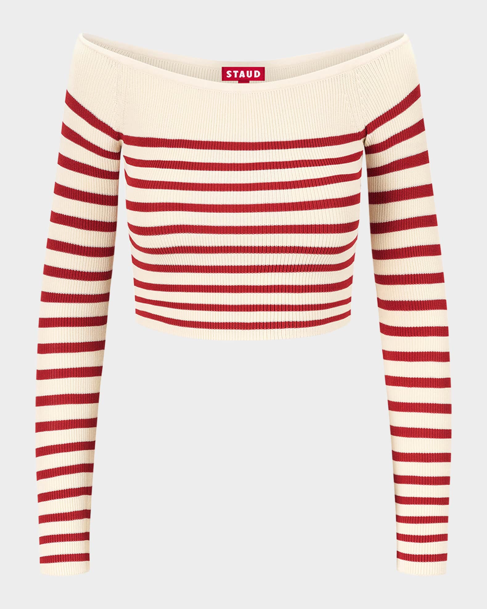 STAUD Float Off-Shoulder Stripe Knit Crop Top | Neiman Marcus