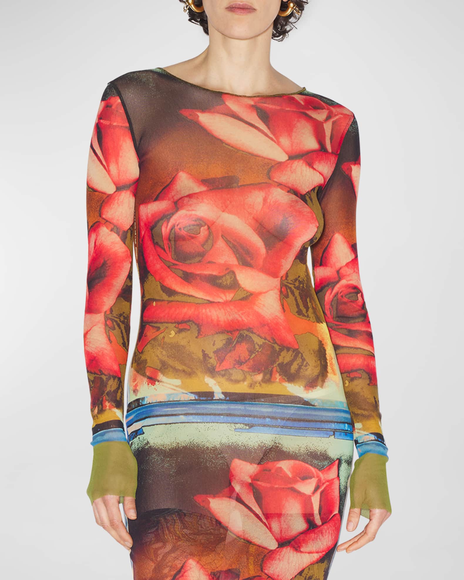 Jean Paul Gaultier Roses-Print Long-Sleeve Mesh Maxi Dress | Neiman Marcus