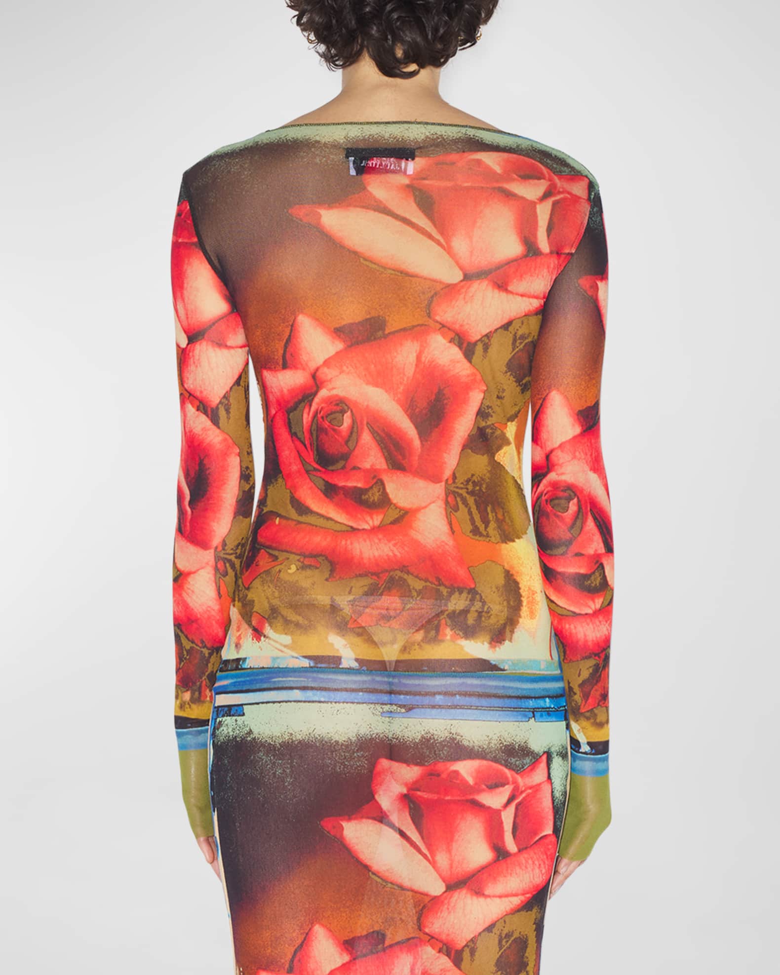 Jean Paul Gaultier Roses-Print Long-Sleeve Mesh Maxi Dress | Neiman Marcus