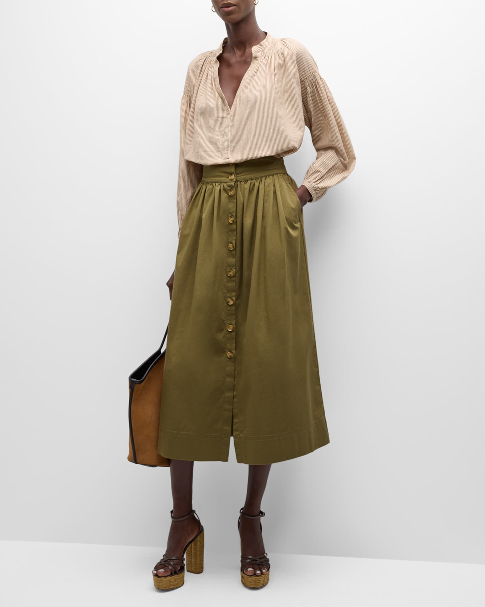Vanessa Bruno Darja Ruched Button-Front Midi Skirt | Neiman Marcus