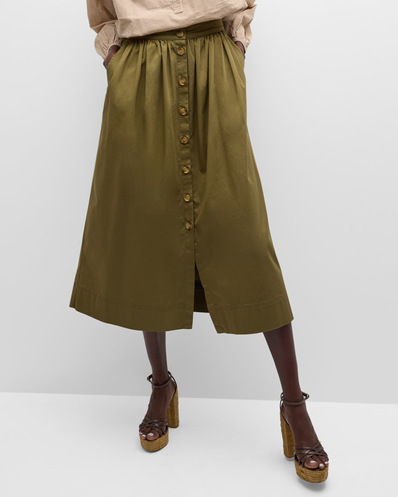 Vanessa Bruno Darja Ruched Button-Front Midi Skirt | Neiman Marcus
