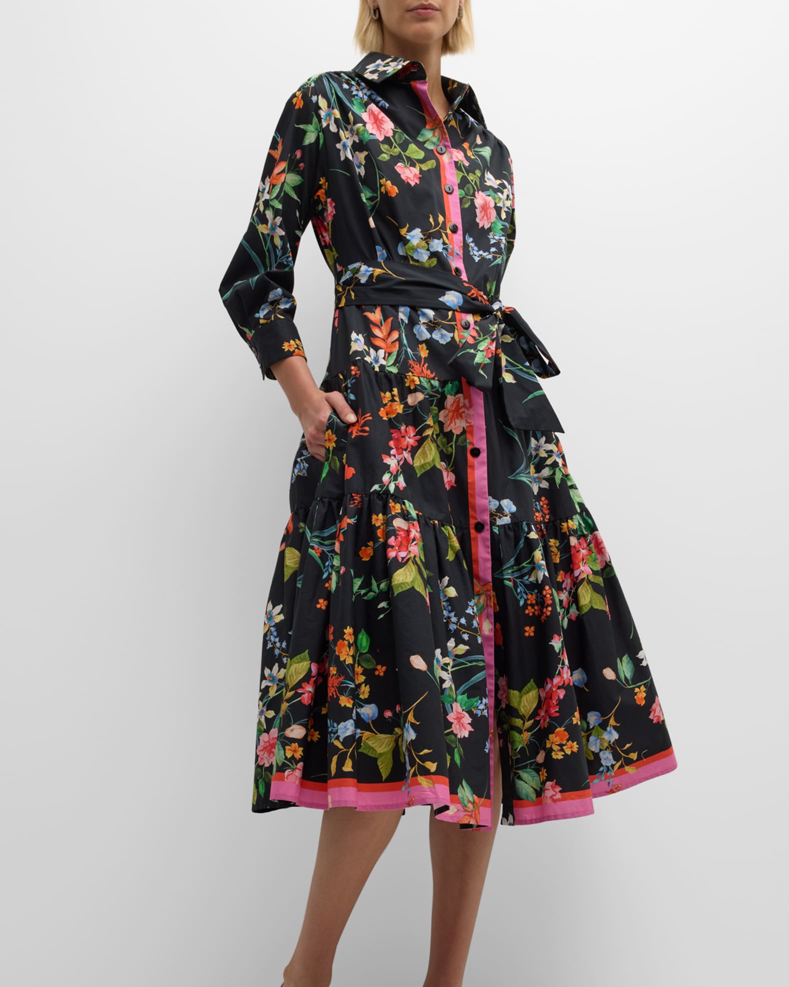 Rickie Freeman for Teri Jon Tiered Floral-Print Midi Shirtdress ...