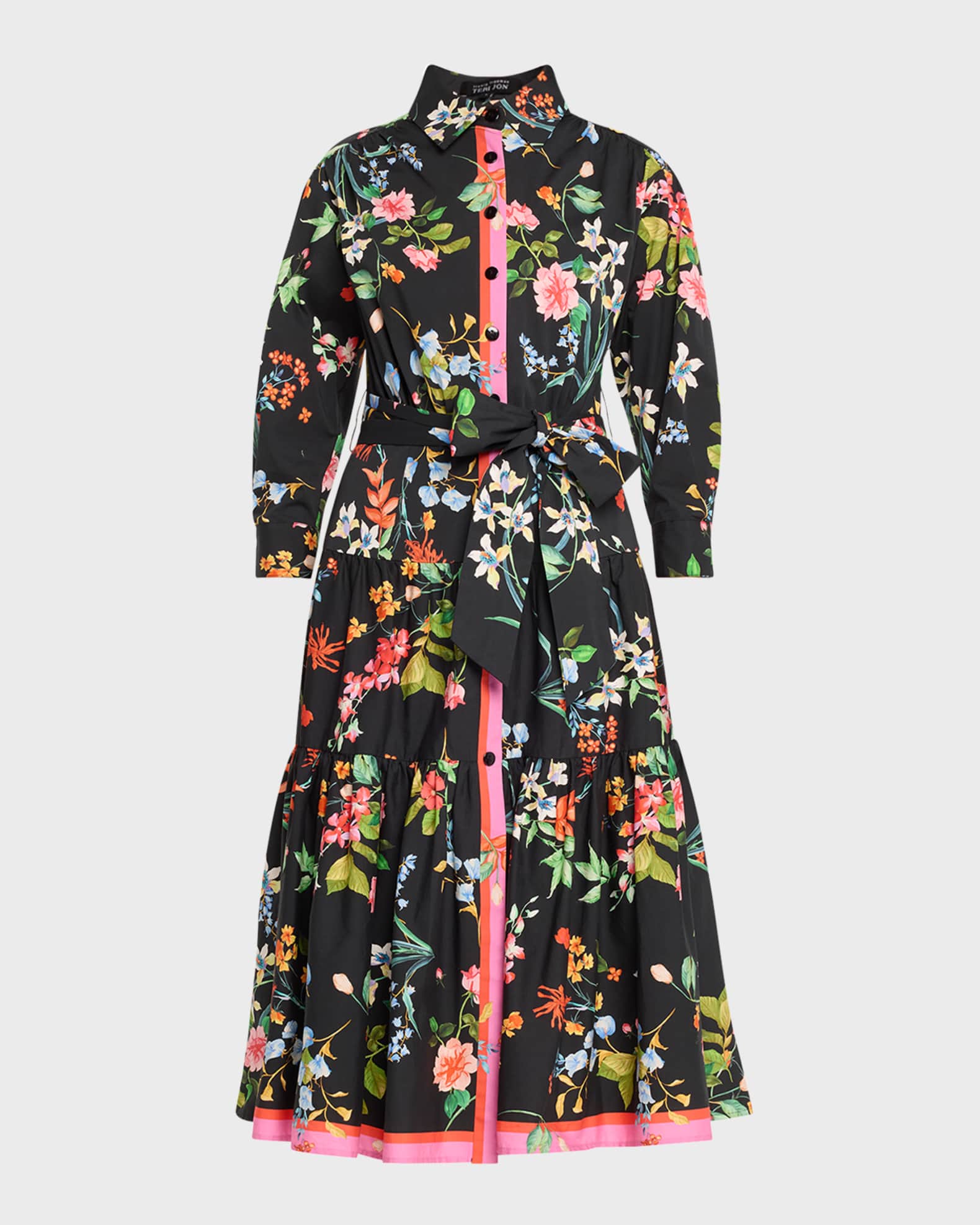 Rickie Freeman for Teri Jon Tiered Floral-Print Midi Shirtdress ...