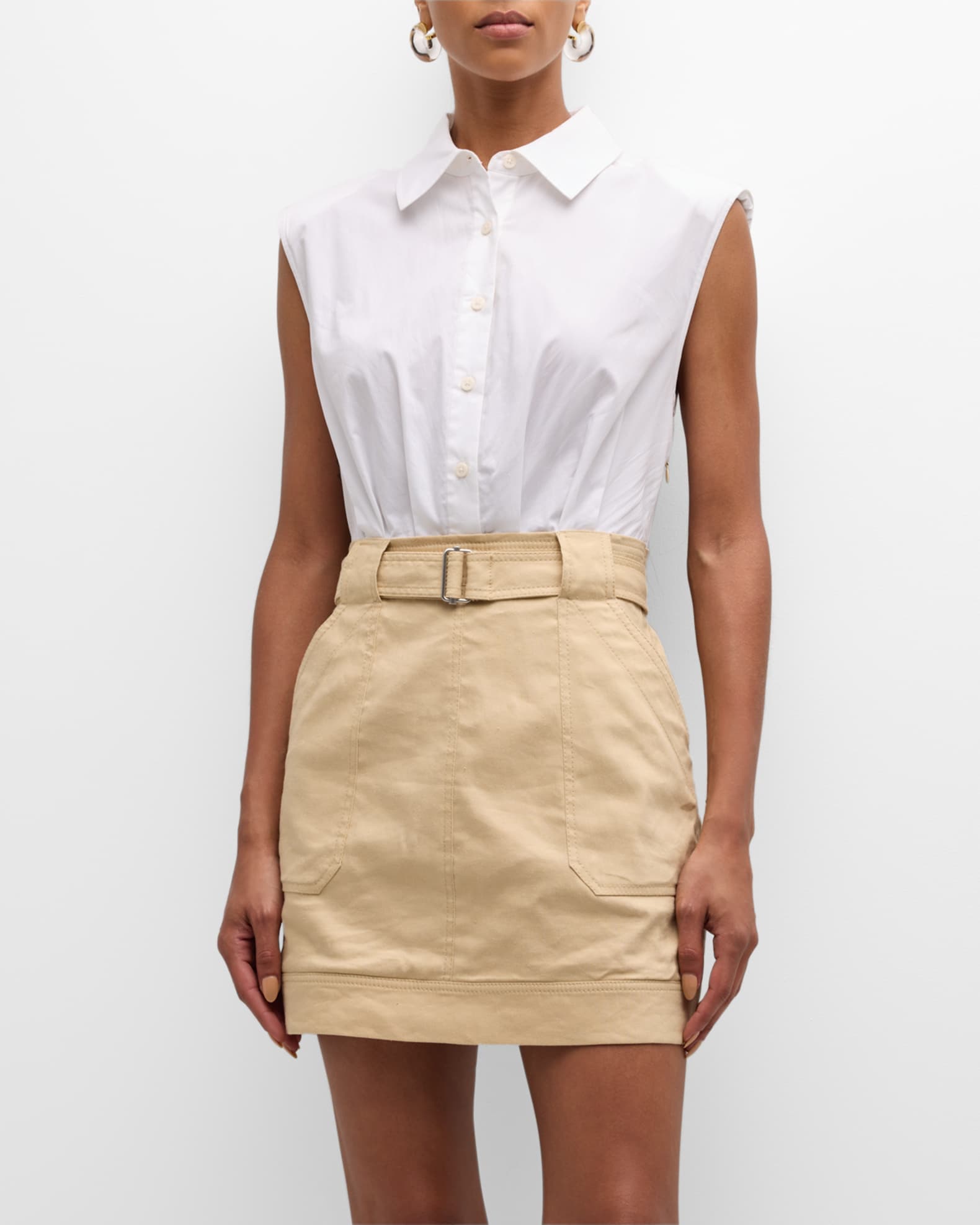 SIMKHAI Jensen Belted Combo Button-Front Utility Mini Dress | Neiman Marcus