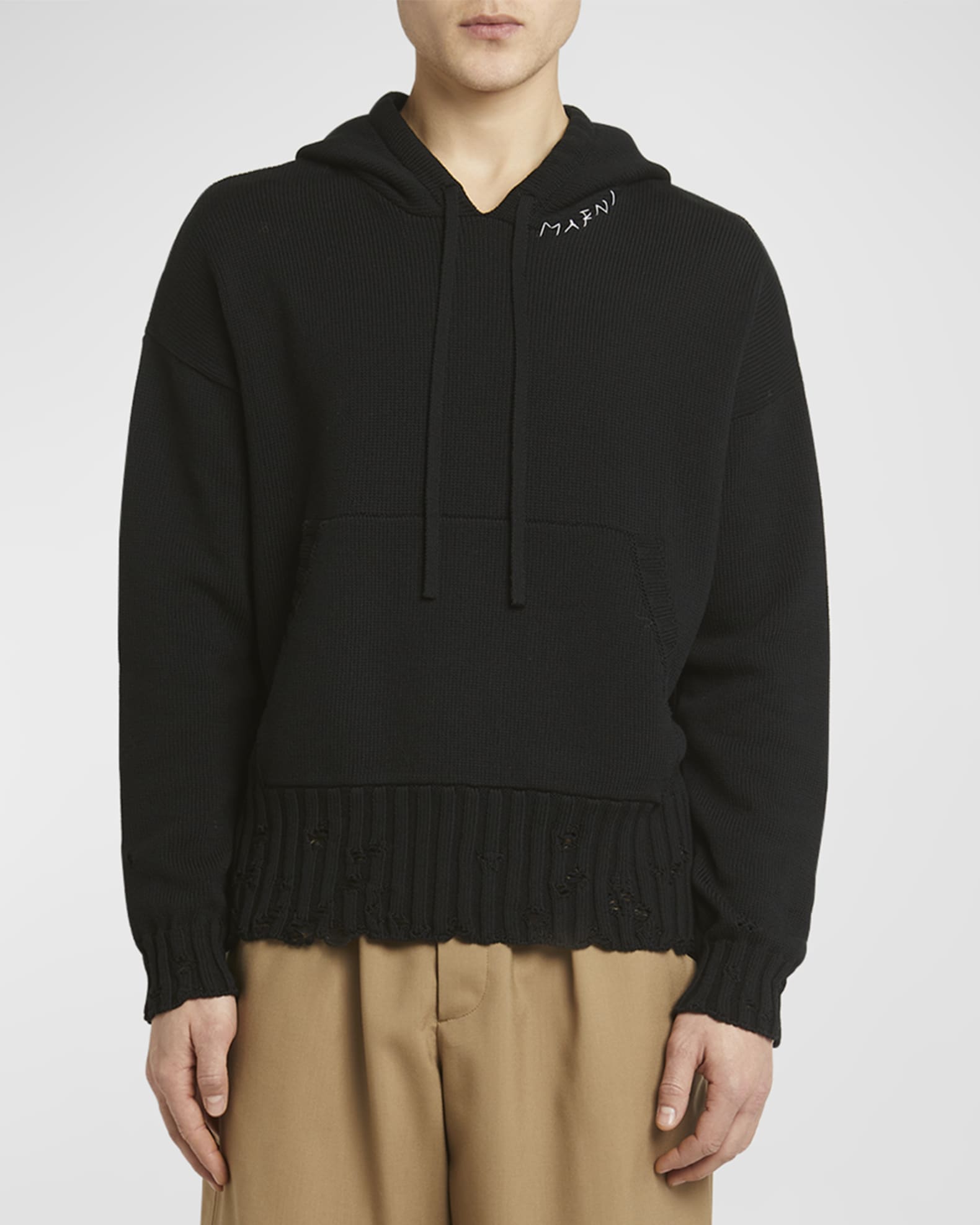 Marni Men's Distressed Knit Logo Hoodie | Neiman Marcus