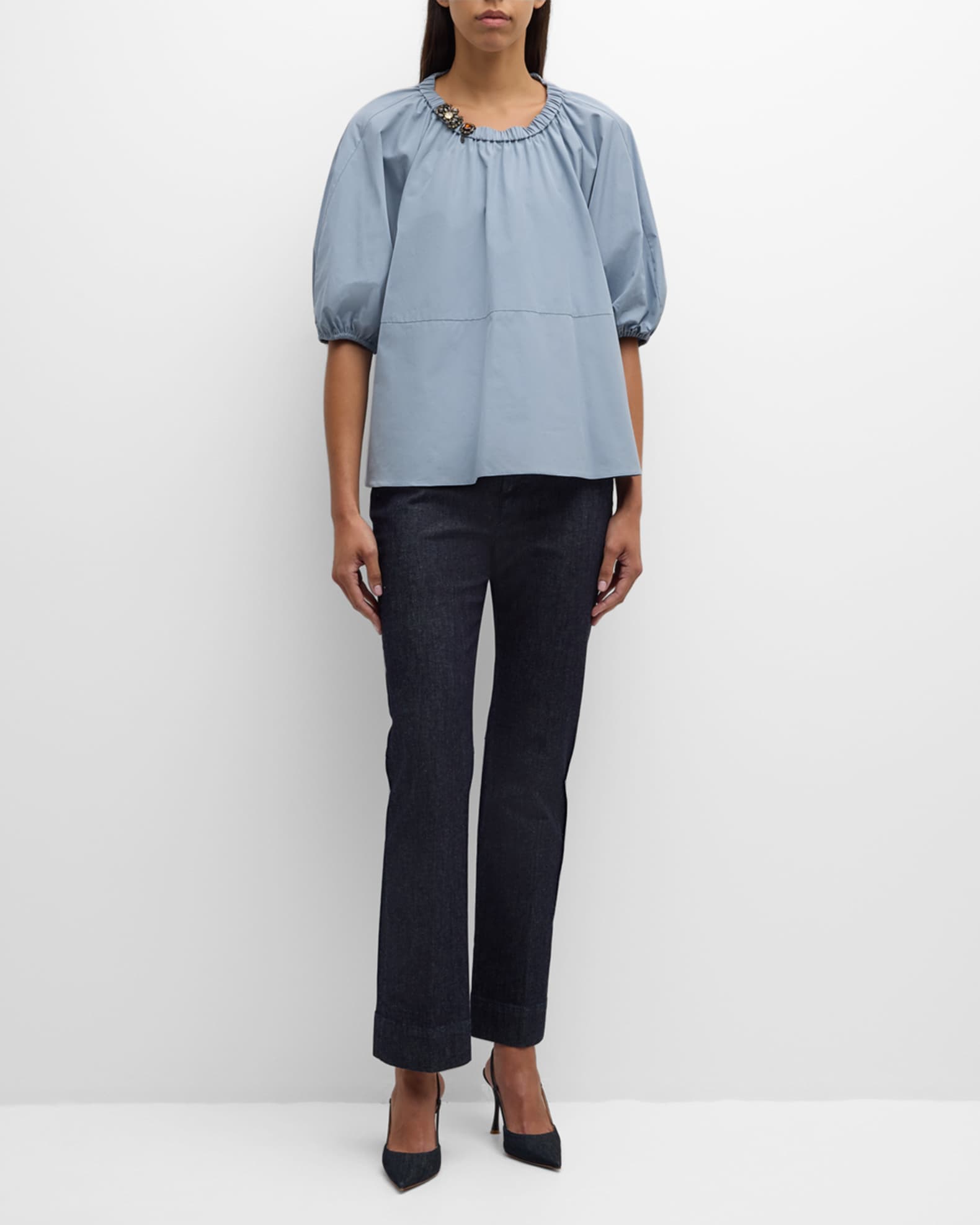 Max Mara Tatiana Crystal-Brooch Puff-Sleeve Blouse | Neiman Marcus