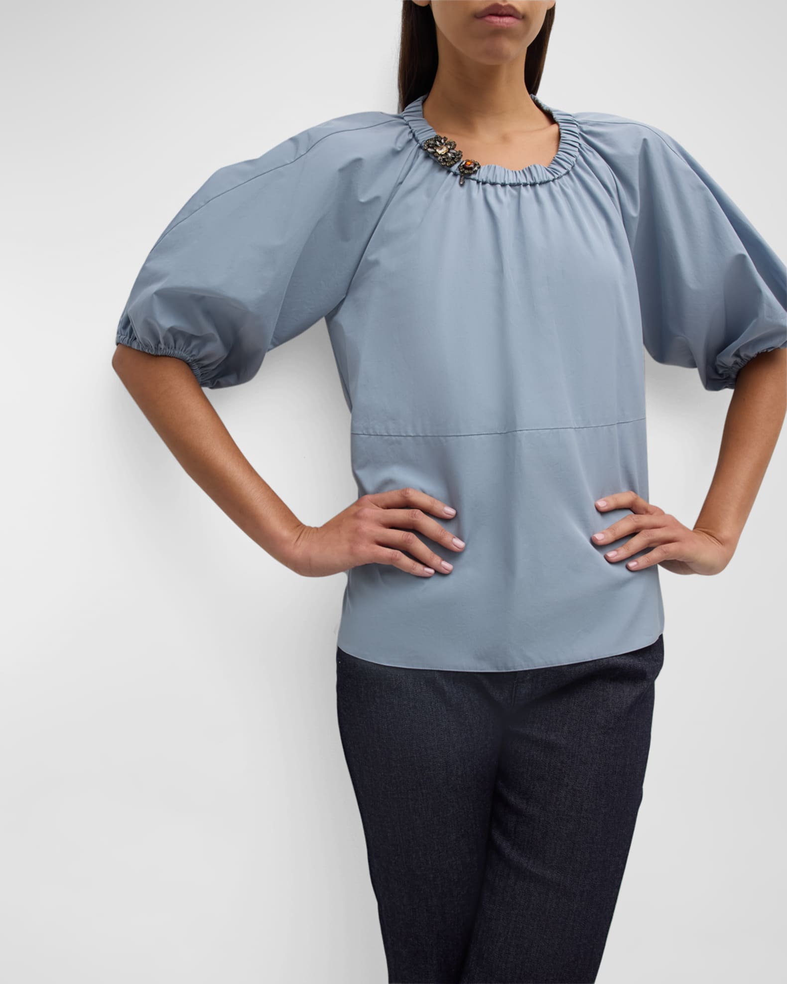 Max Mara Tatiana Crystal-Brooch Puff-Sleeve Blouse | Neiman Marcus