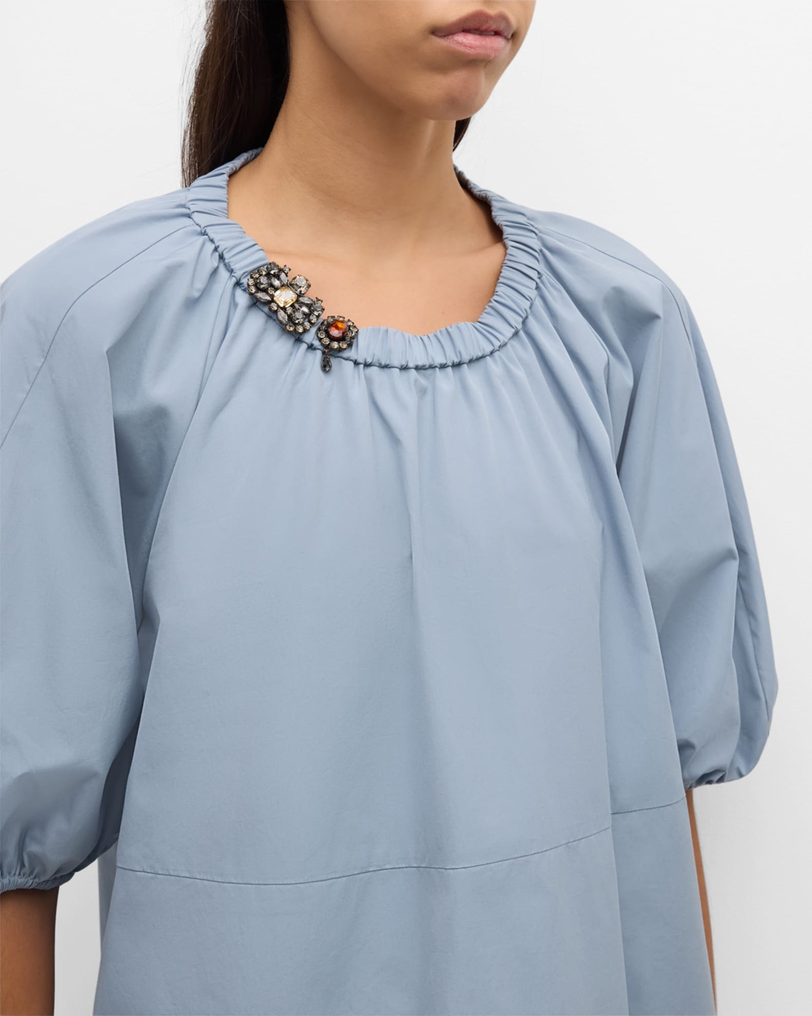 Max Mara Tatiana Crystal-Brooch Puff-Sleeve Blouse | Neiman Marcus