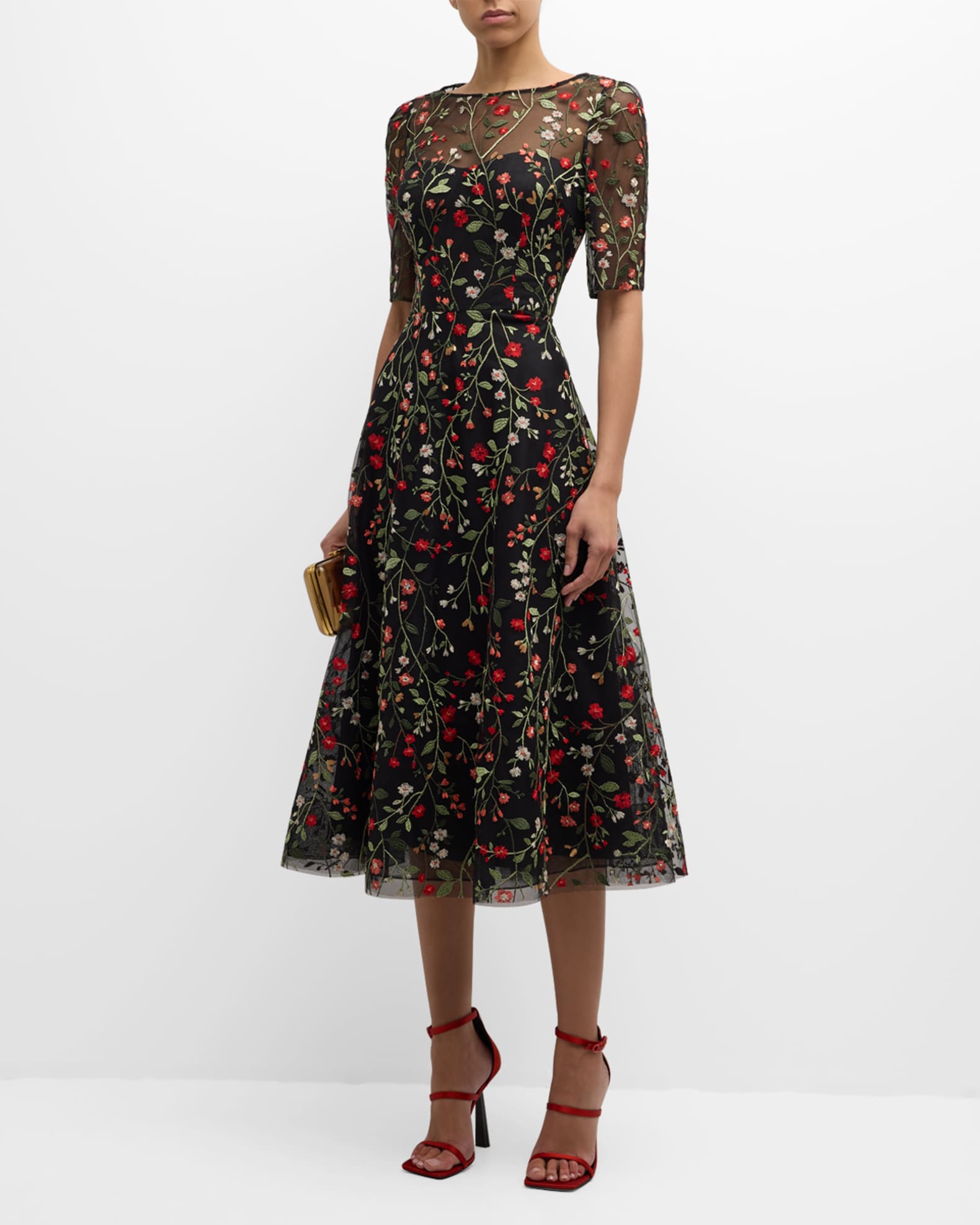 Rickie Freeman for Teri Jon Floral-Embroidered Tulle Midi Dress ...