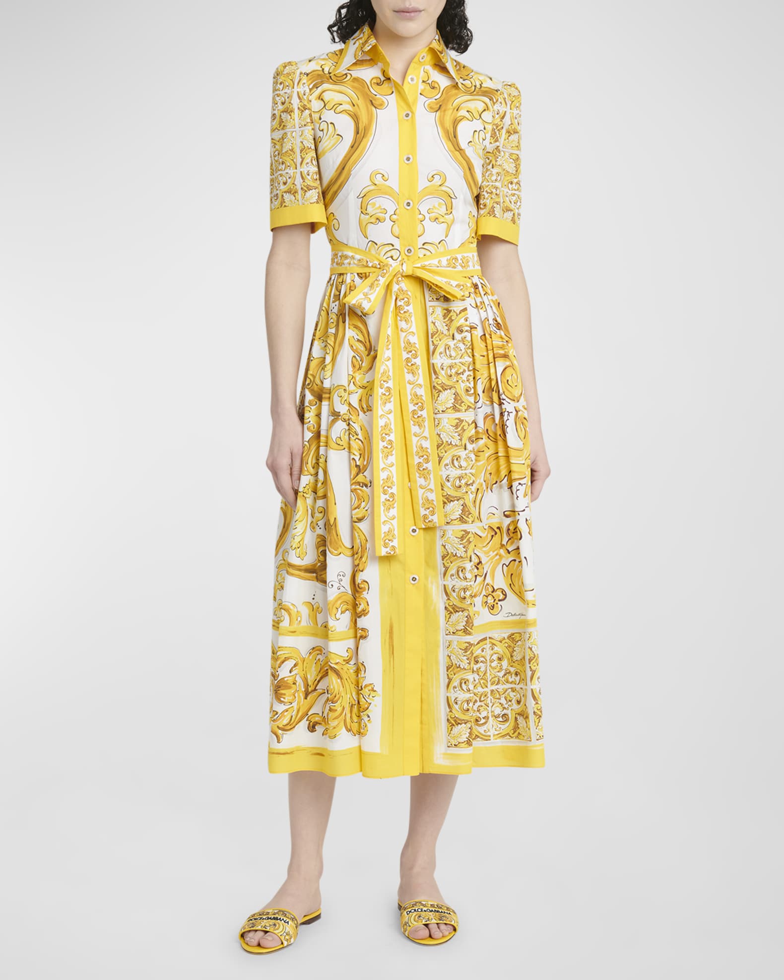 Dolce&Gabbana Brocade Print Poplin Midi Shirtdress with Tie Belt ...