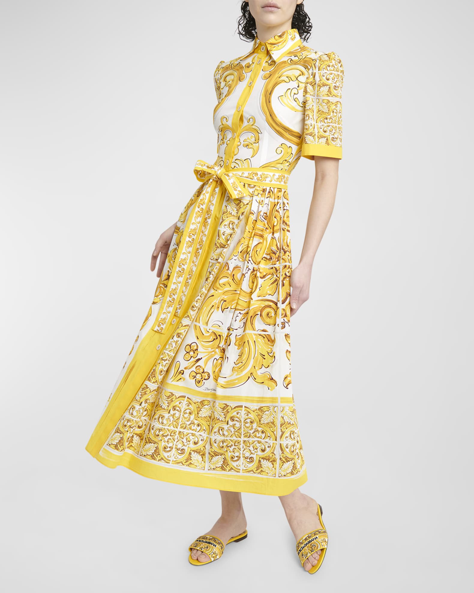 Dolce&Gabbana Brocade Print Poplin Midi Shirtdress with Tie Belt ...