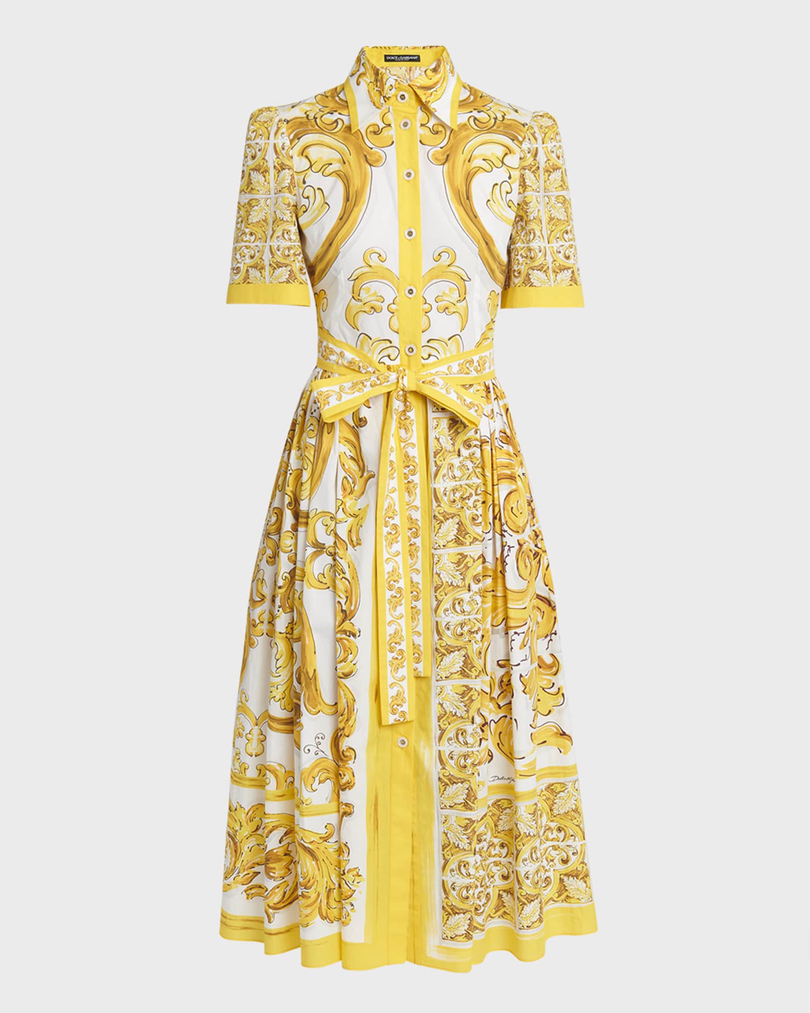 Dolce&Gabbana Brocade Print Poplin Midi Shirtdress with Tie Belt ...