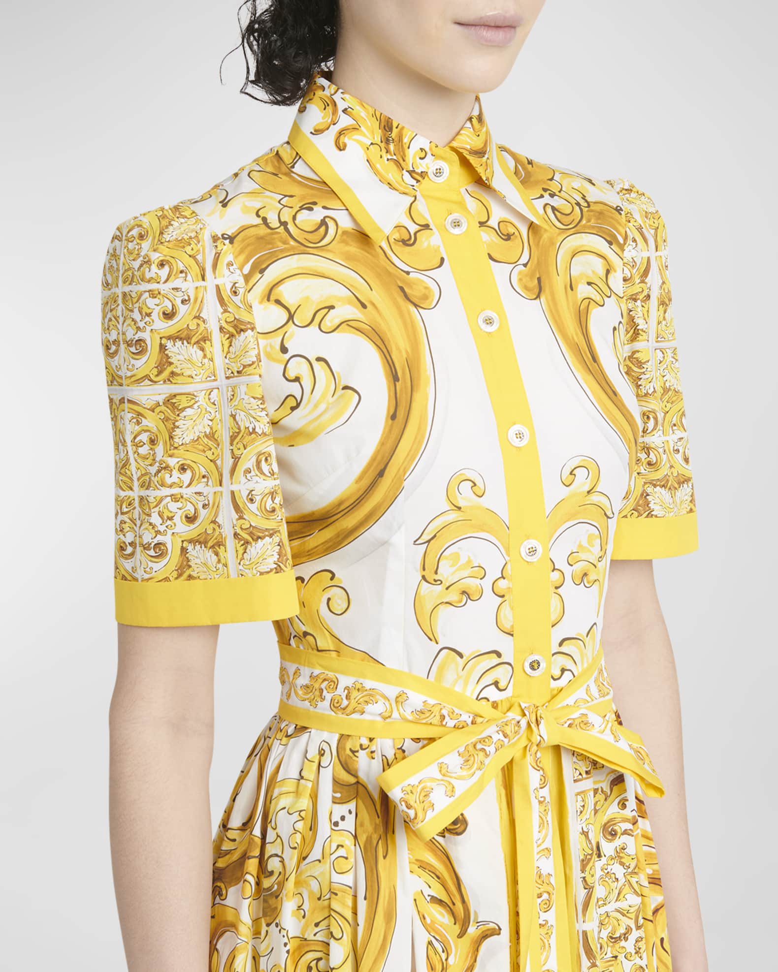 Dolce&Gabbana Brocade Print Poplin Midi Shirtdress with Tie Belt ...