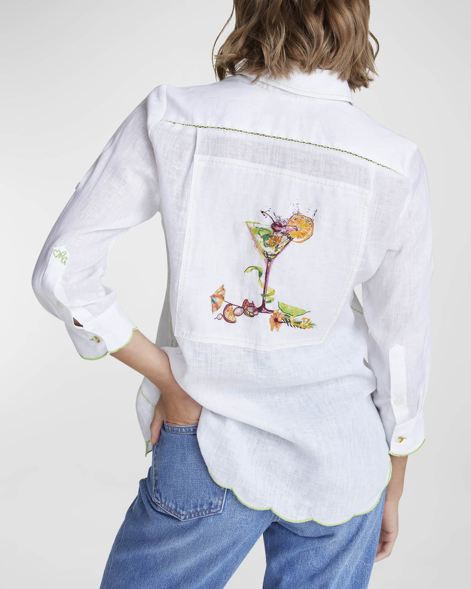 Robert Graham Hadley Embroidered Scalloped Linen Shirt | Neiman Marcus