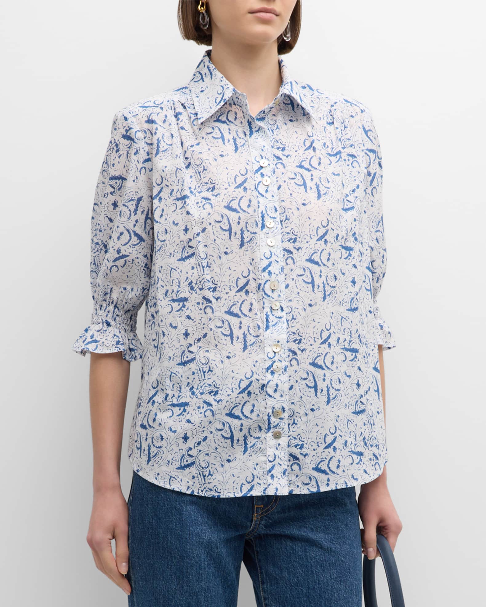 Finley Sirena Scrollwork-Print Cotton Shirt | Neiman Marcus