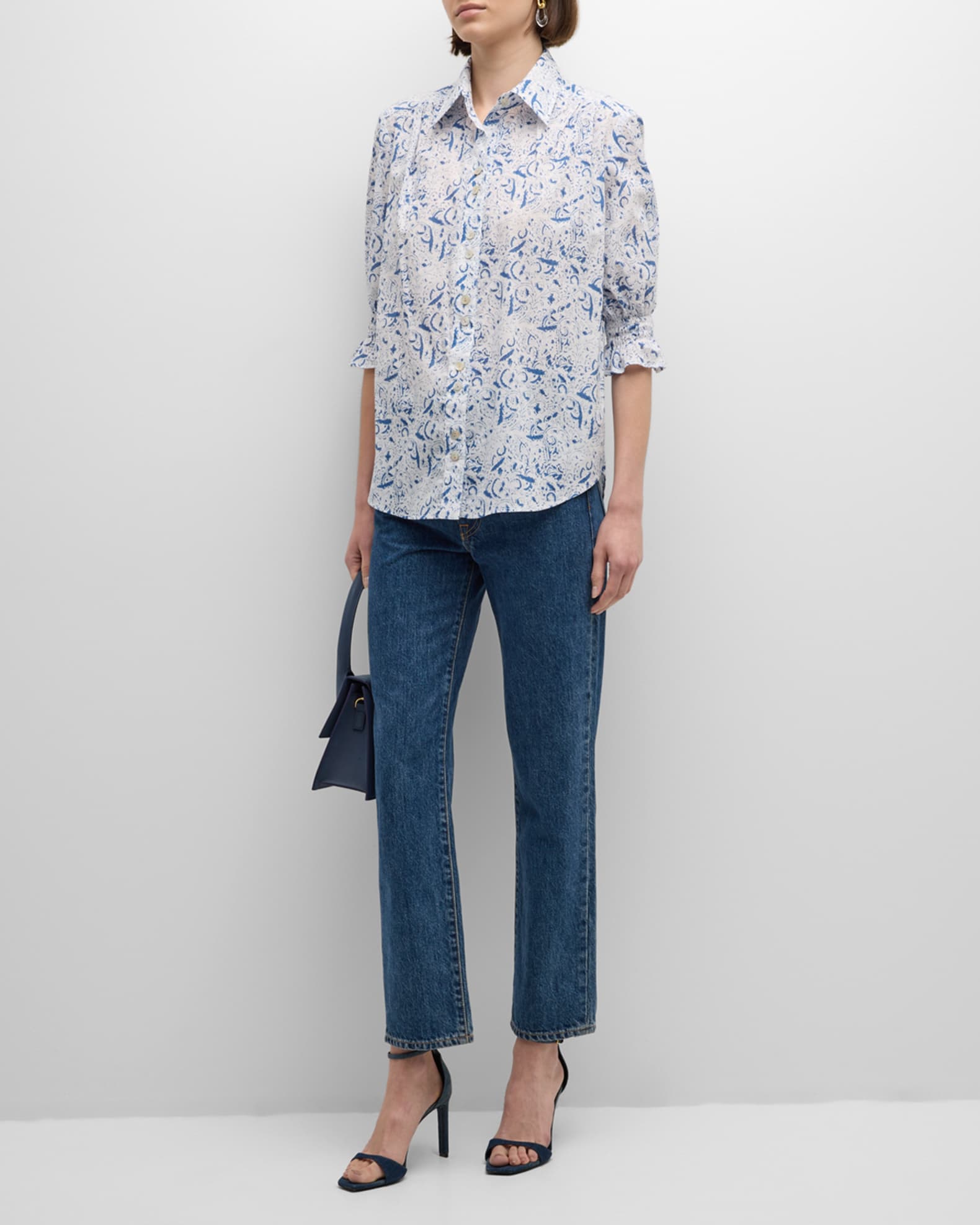 Finley Sirena Scrollwork-Print Cotton Shirt | Neiman Marcus