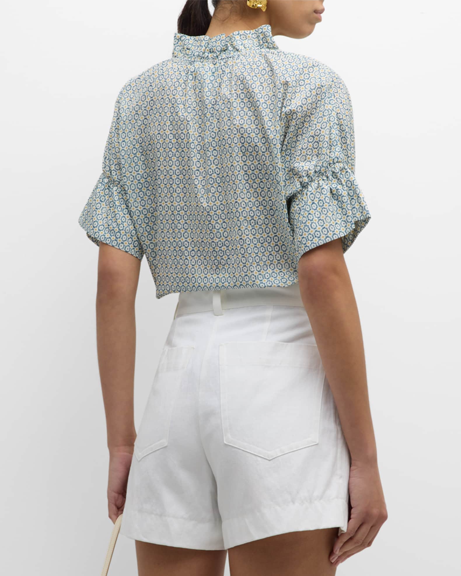 Finley Crosby Ruffle Geometric-Print Top | Neiman Marcus