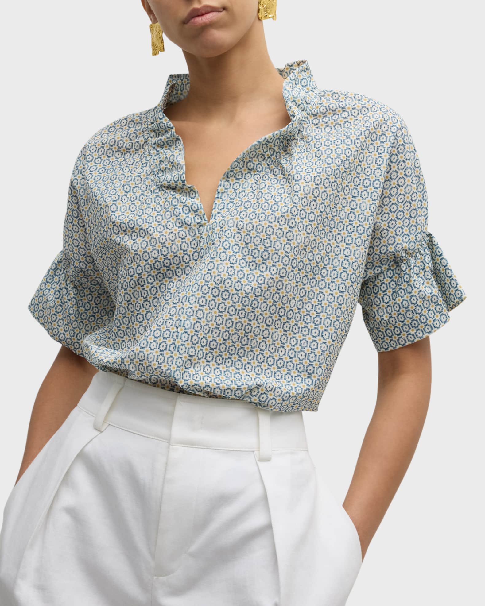 Finley Crosby Ruffle Geometric-Print Top | Neiman Marcus