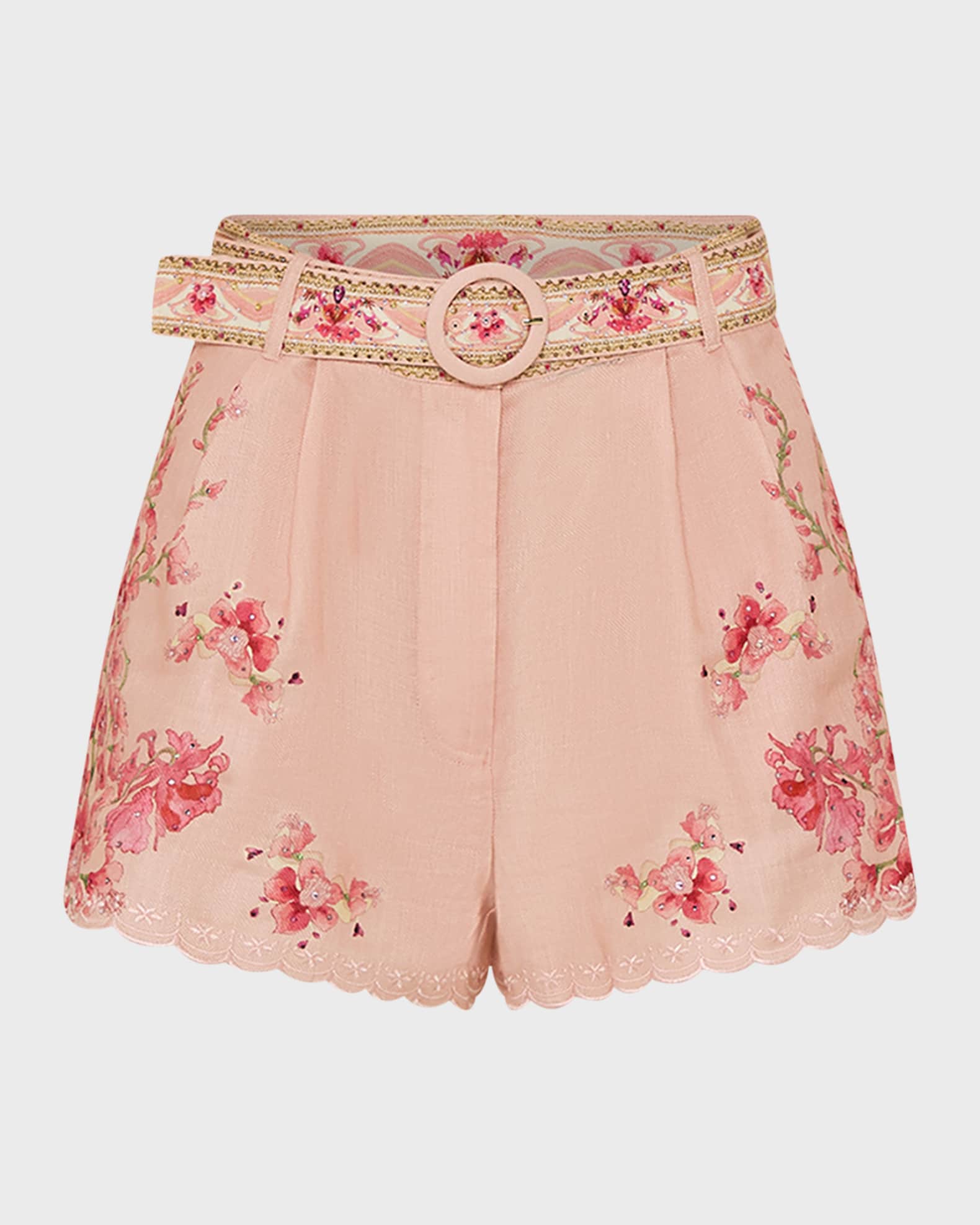 Camilla Tuck-Front Floral-Print Linen Shorts | Neiman Marcus