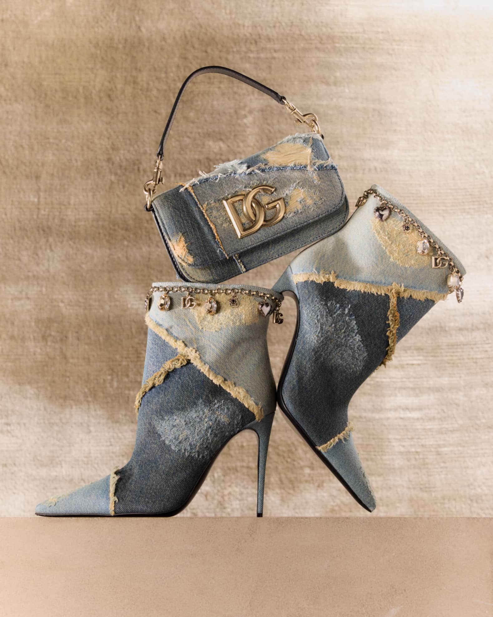 Dolce&Gabbana Distressed Denim Charms Ankle Booties | Neiman Marcus